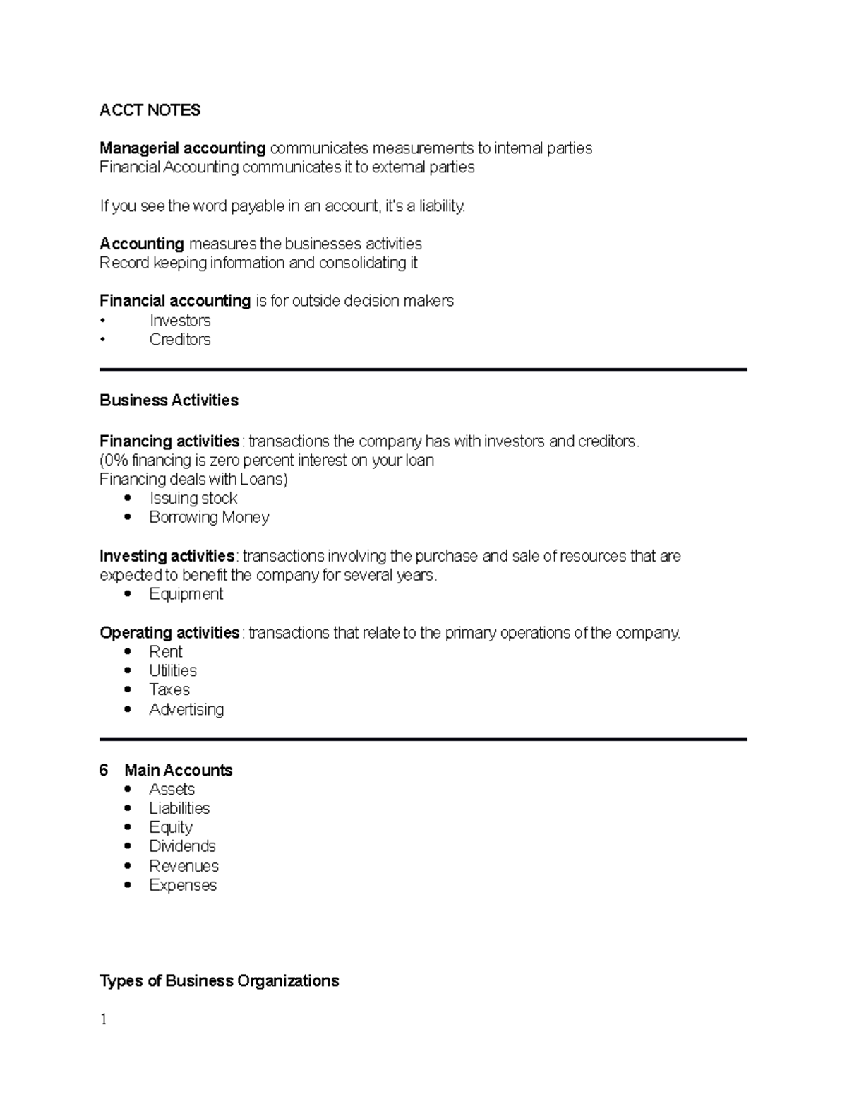 ACCT (Notes Exam 1) - ACCT NOTES Managerial accounting communicates ...
