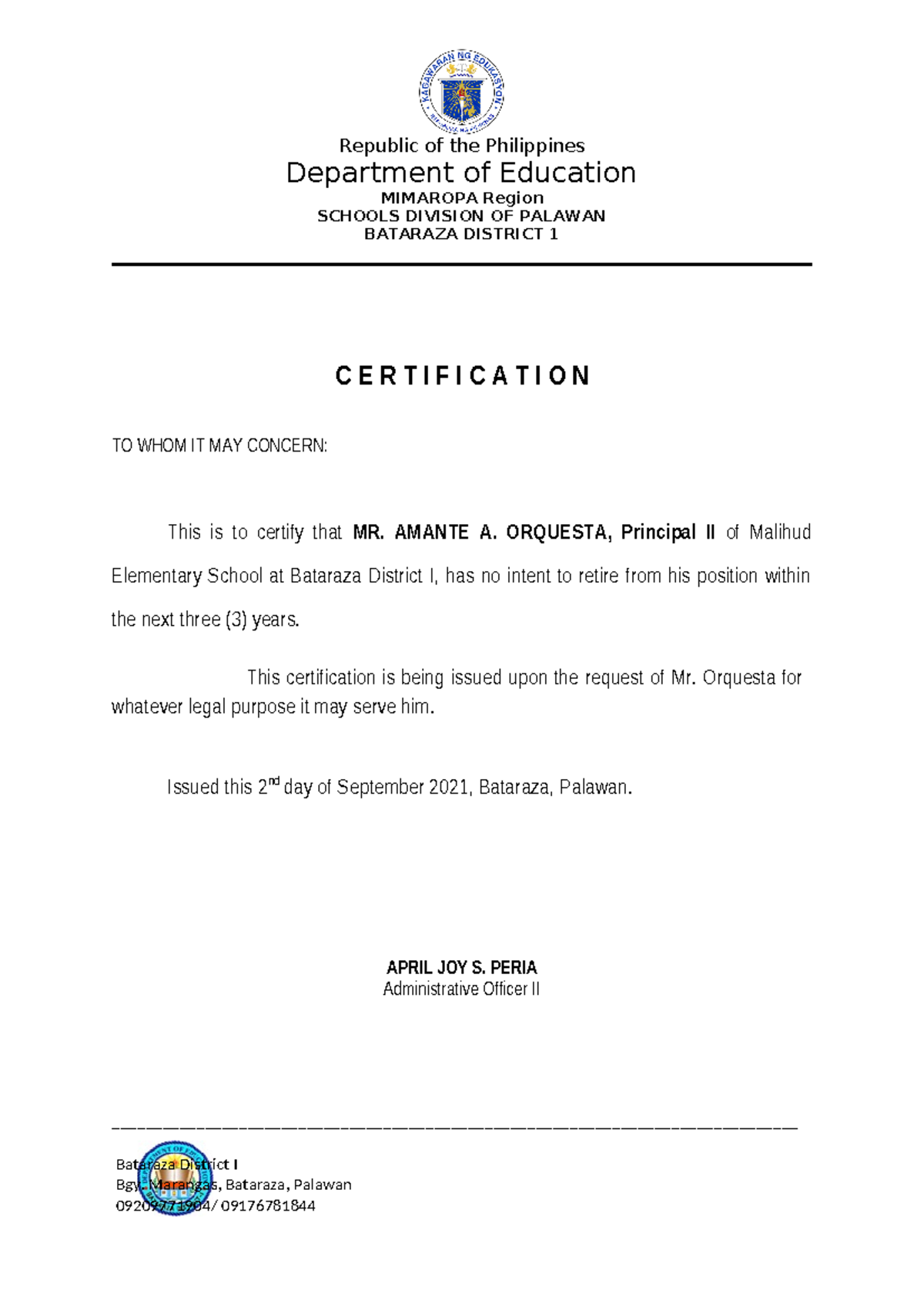 Certification of No intent to Retire - Republic of the Philippines ...