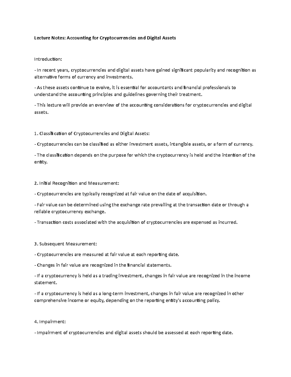 Lecture Notes Accounting For Cryptocurrencies And Digital Assets Lecture Notes Accounting