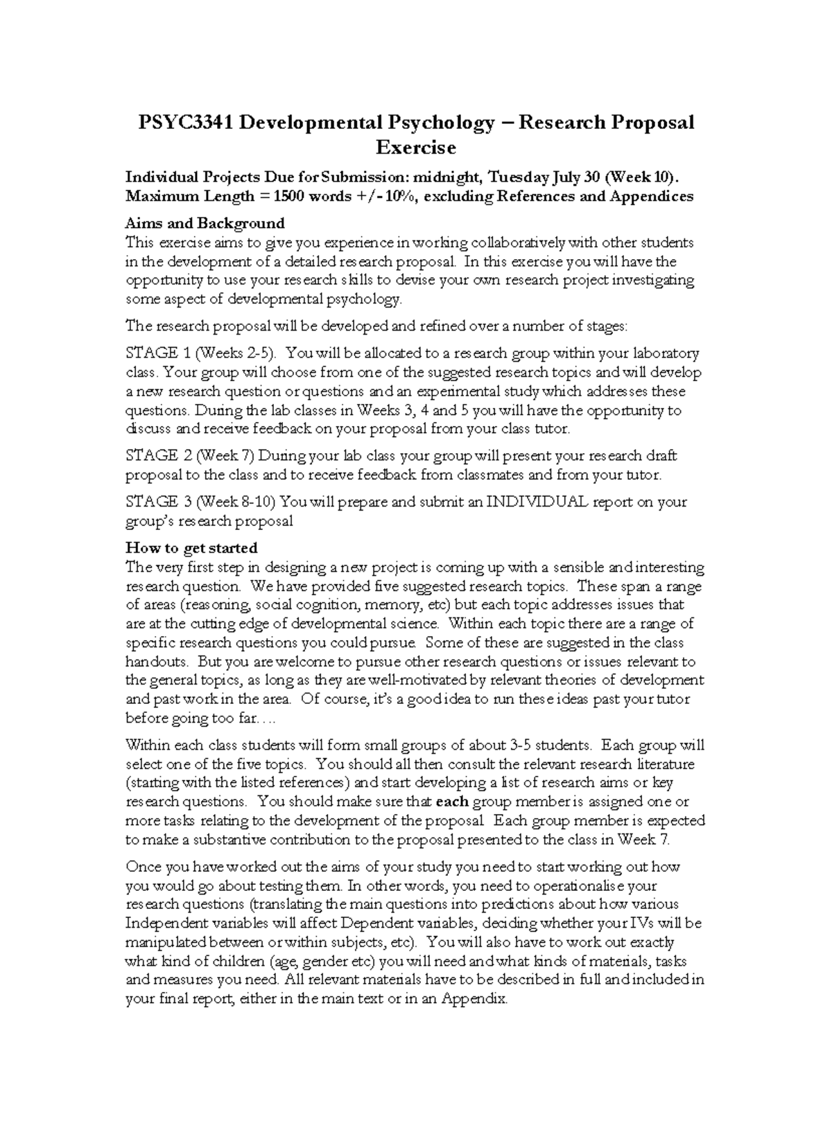 PSYC3341 Research Proposal Guidelines 2024 - PSYC3341 Developmental ...