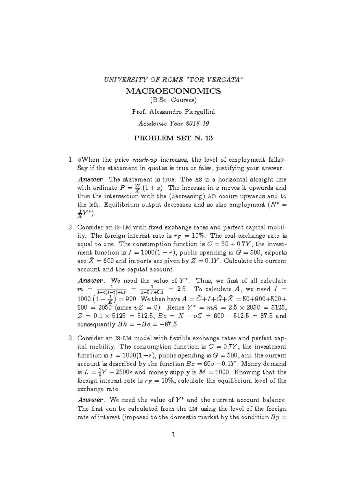 Macroeconomics Problem set n13 with answers - UNIVERSITY OF ROME “TOR ...
