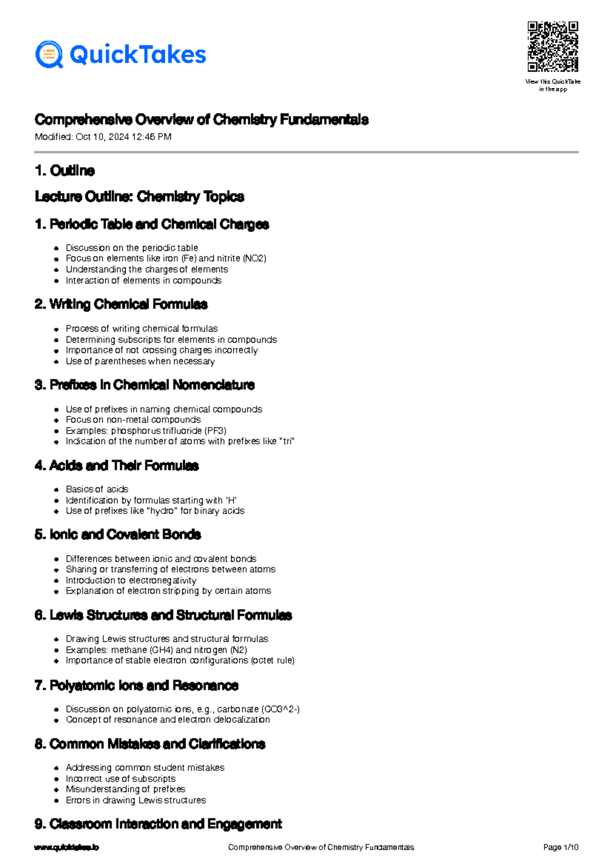 Comprehensive Overview of Chemistry Fundamentals - Outline Lecture ...