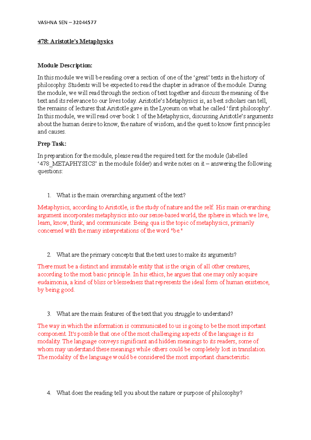 478 Aristotle's Metaphysics Prep Task - VASHNA SEN – 32044577 478 ...
