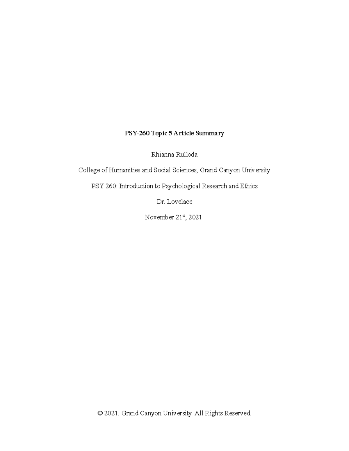 PSY 260 RS T5 Article Summary - PSY-260 Topic 5 Article Summary Rhianna ...