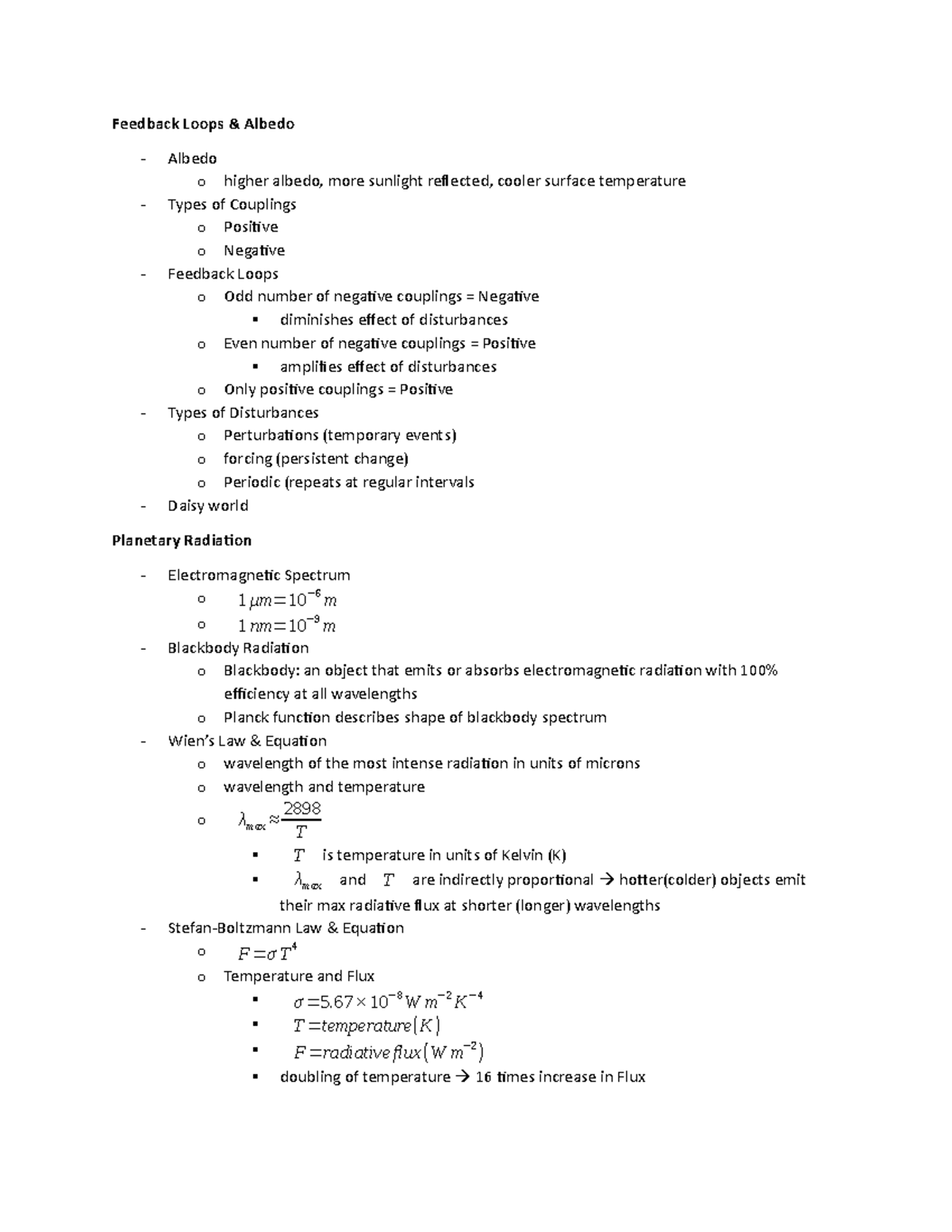 Exam 1 Study Guide - Materials up to exam 1 - Feedback Loops & Albedo ...