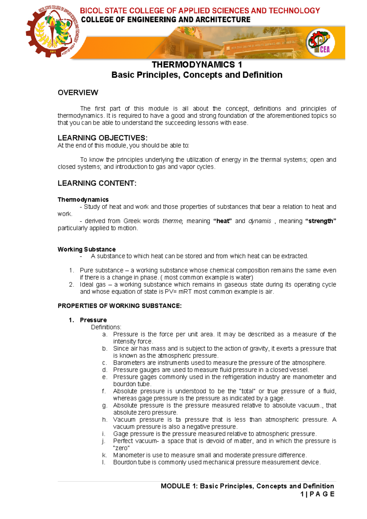 Thermo 1 - Notes - MODULE 1: Basic Principles, Concepts and Definition ...