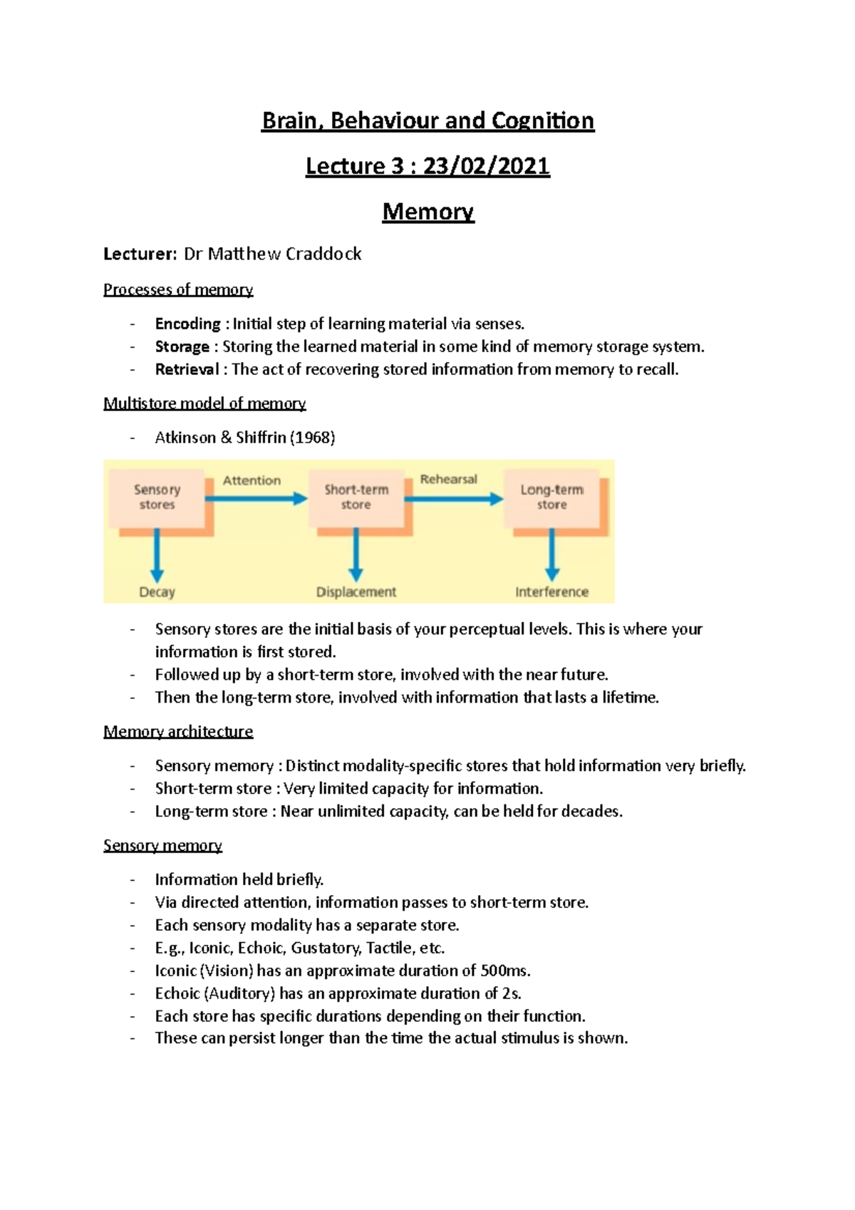 BBC - L3 - Memory - Brain, Behaviour and Cognition Lecture 3 : 23/02/ Memory Lecturer: Dr ...