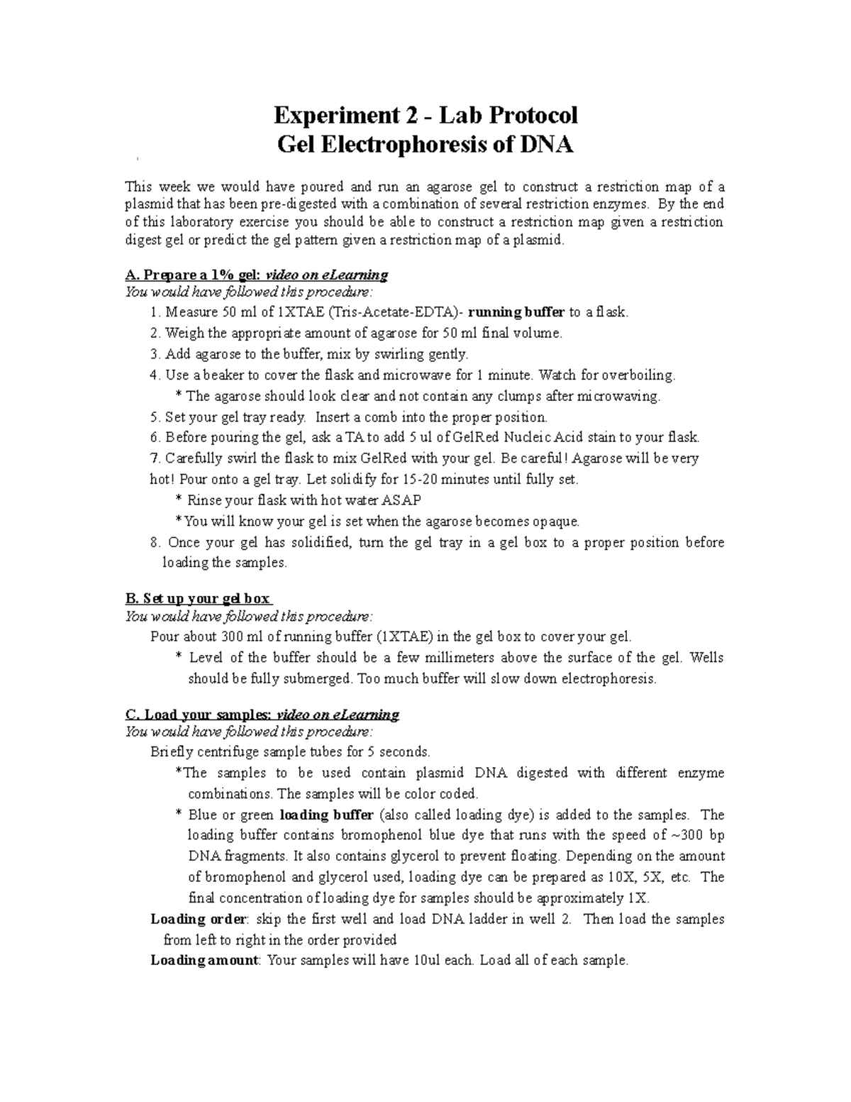 4380 E2 Lab protocol U21 - Experiment 2 - Lab Protocol Gel ...