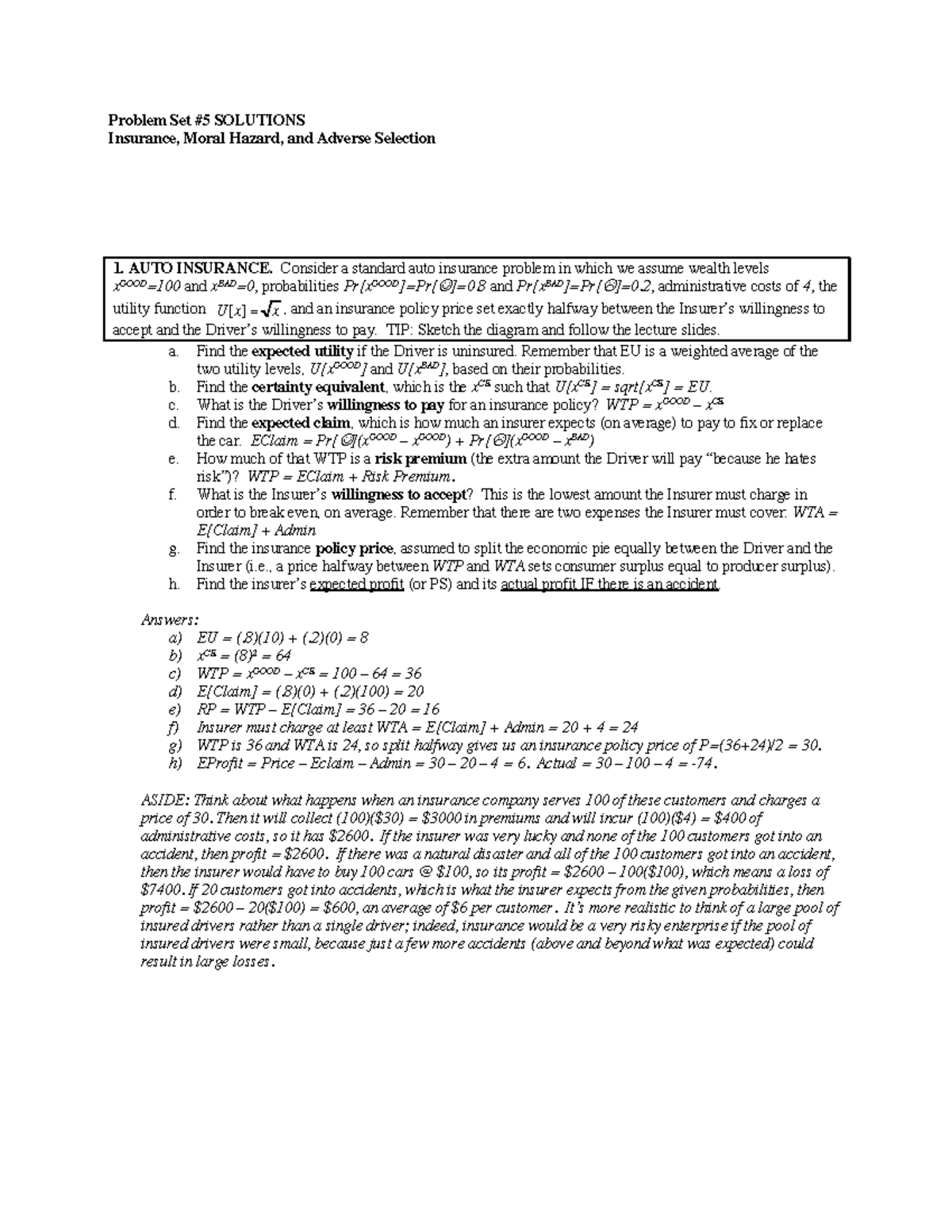 Problem Set 5 Insurance Questions And Solutions - Problem Set #5 ...