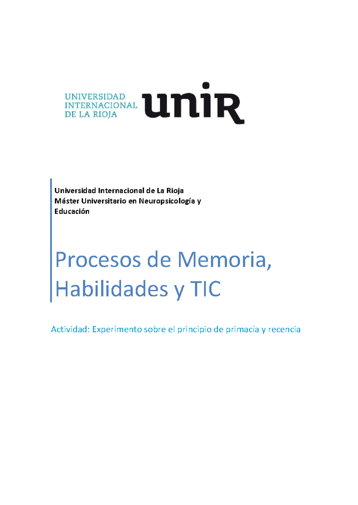Actividad 1: experimento sobre el principio de primacía y recencia ...