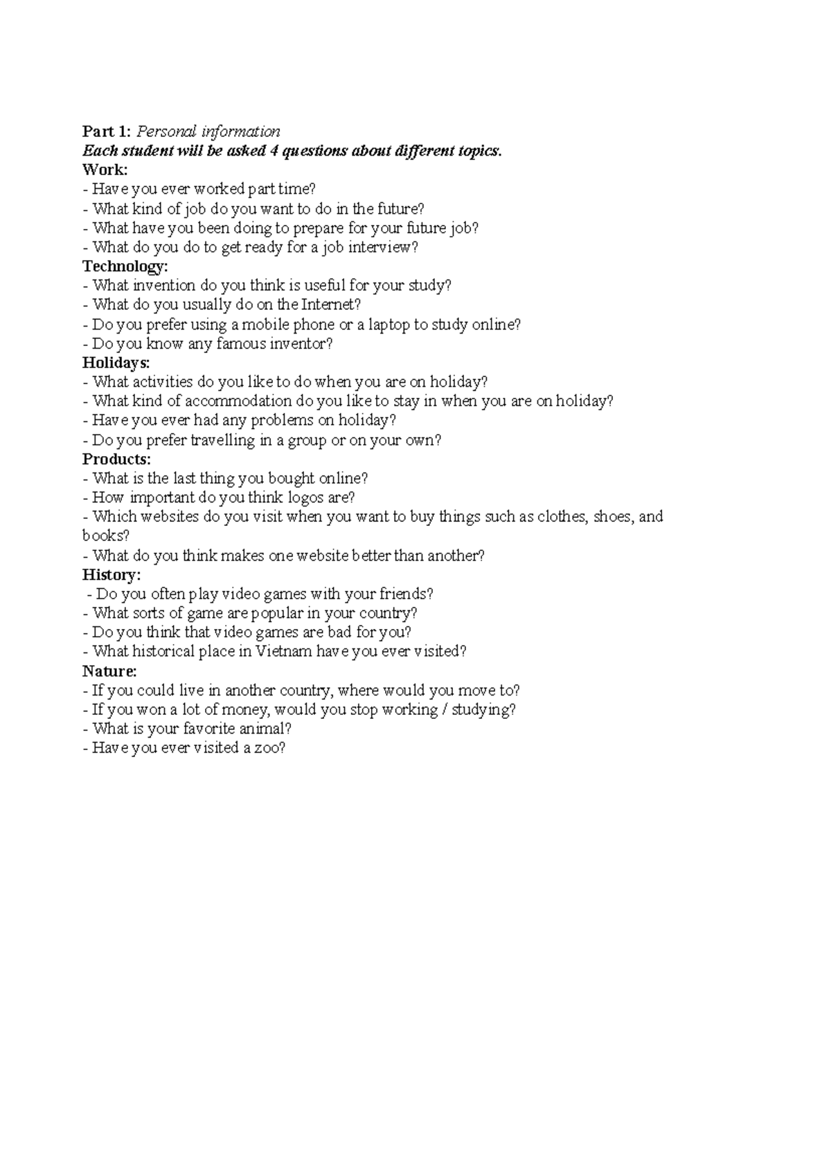 Part 1-Speaking - fhurhfsfijfskj; - Part 1: Personal information Each ...