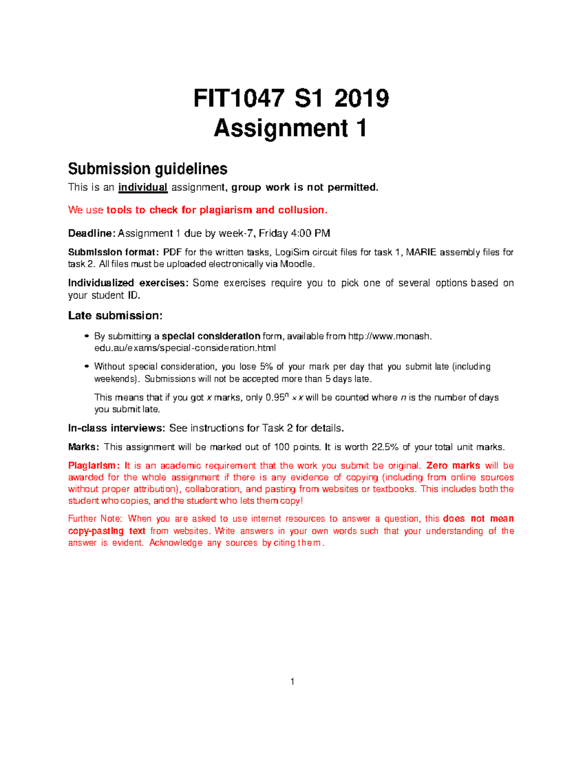 FIT1047 Assignment 1 2019 - FIT1047 S1 2019 Assignment 1 Submission guidelines This is an ...