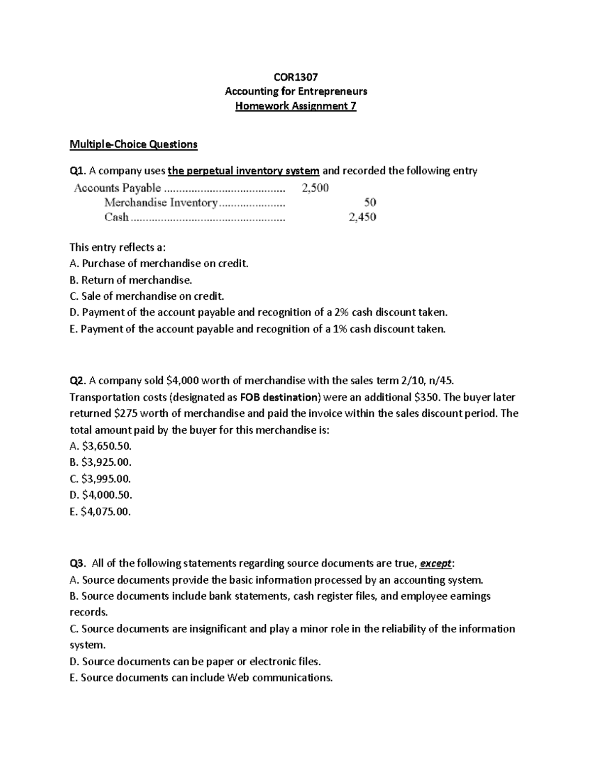 Homework 7 accounting information system - 101 - SMU - Studocu