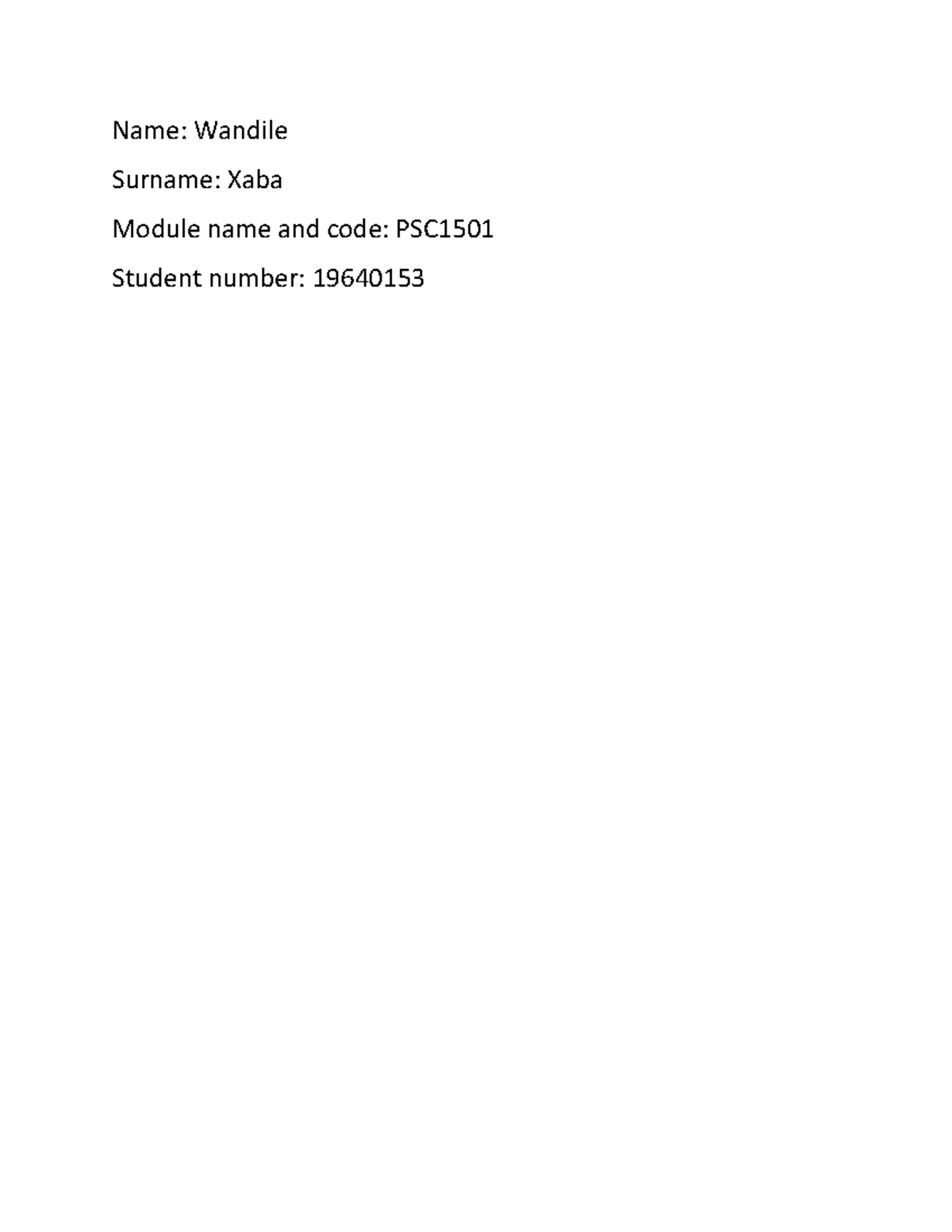 PSC Assignment 4 - Name: Wandile Surname: Xaba Module name and code ...