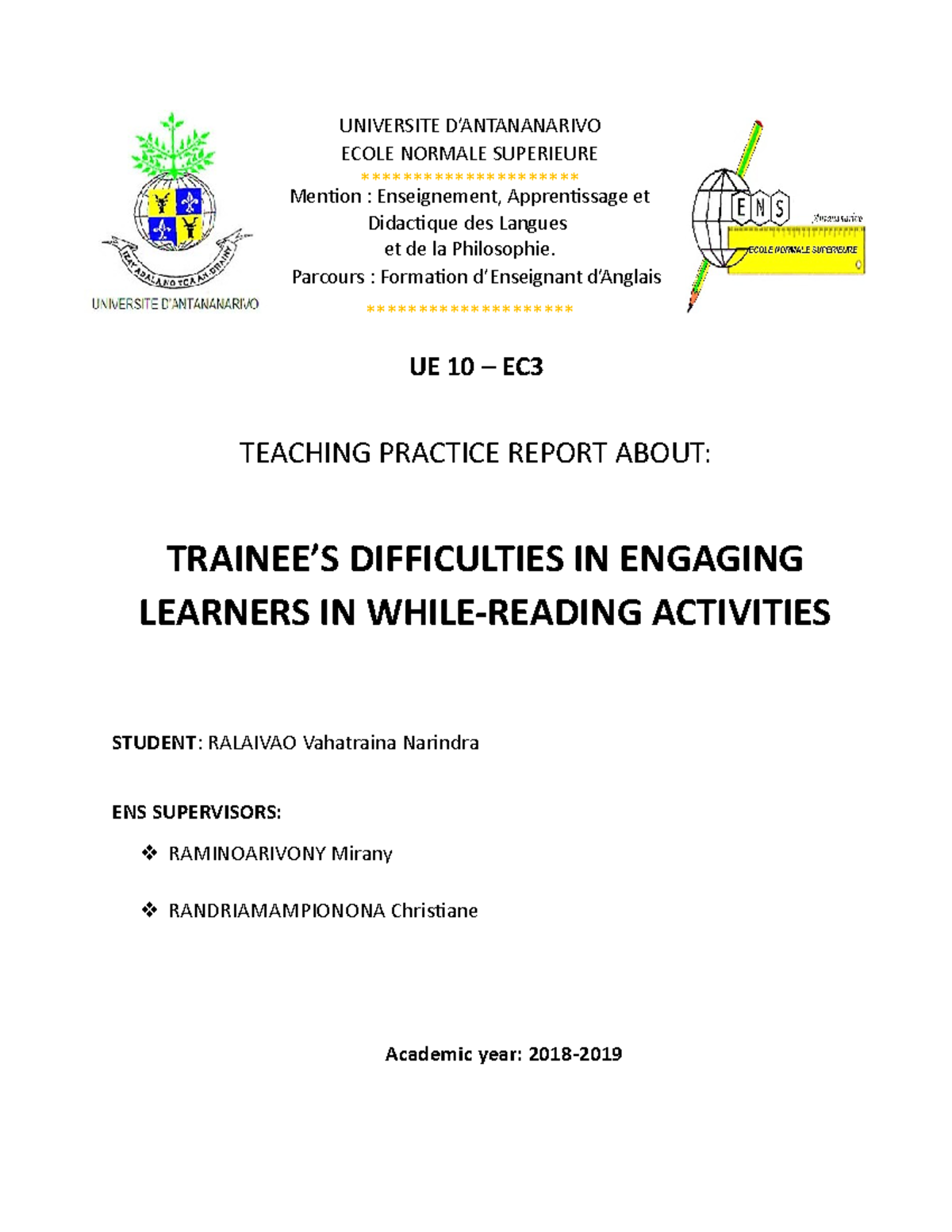 Teaching practice report - UNIVERSITE D’ANTANANARIVO ECOLE NORMALE ...