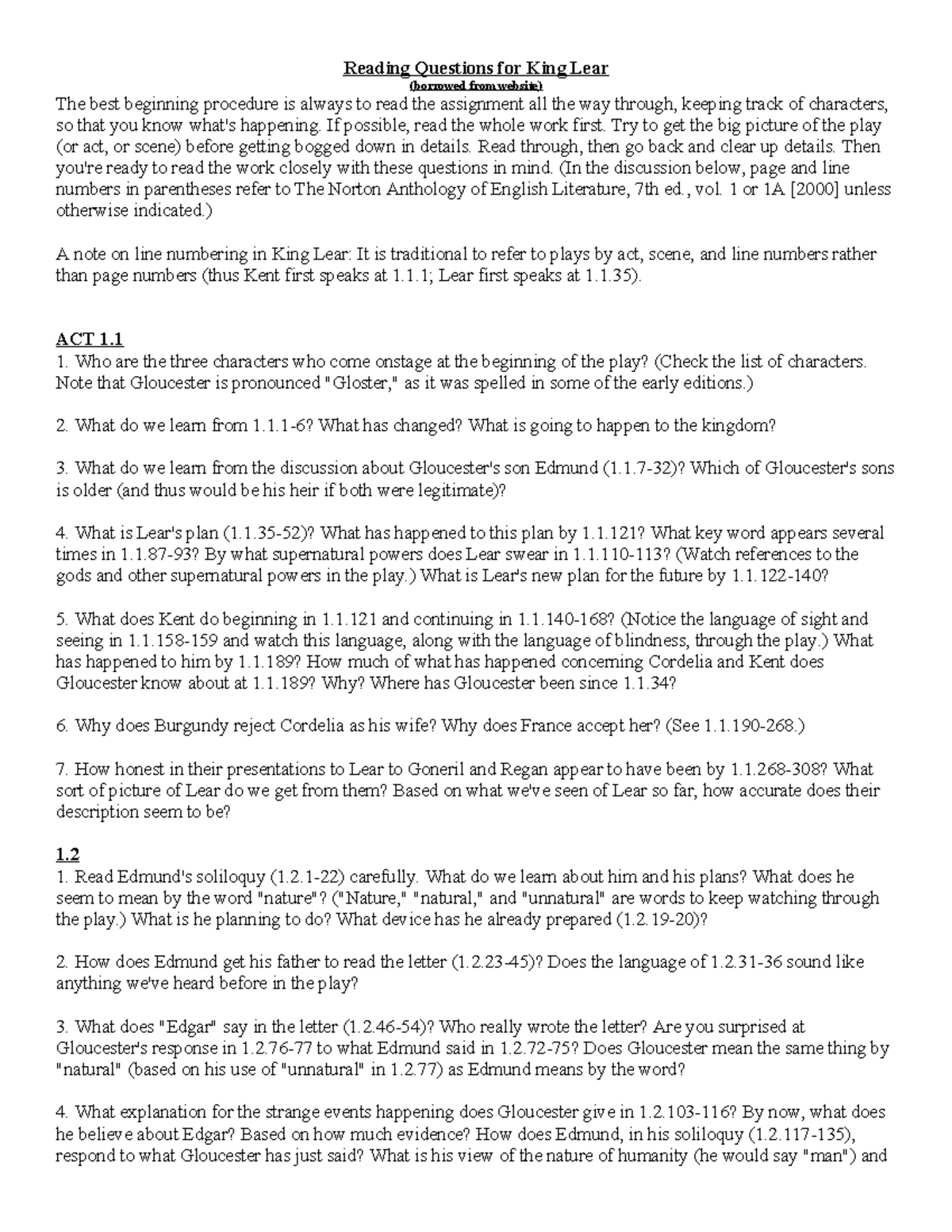 Reading questions for king lear - Reading Questions for King Lear ...