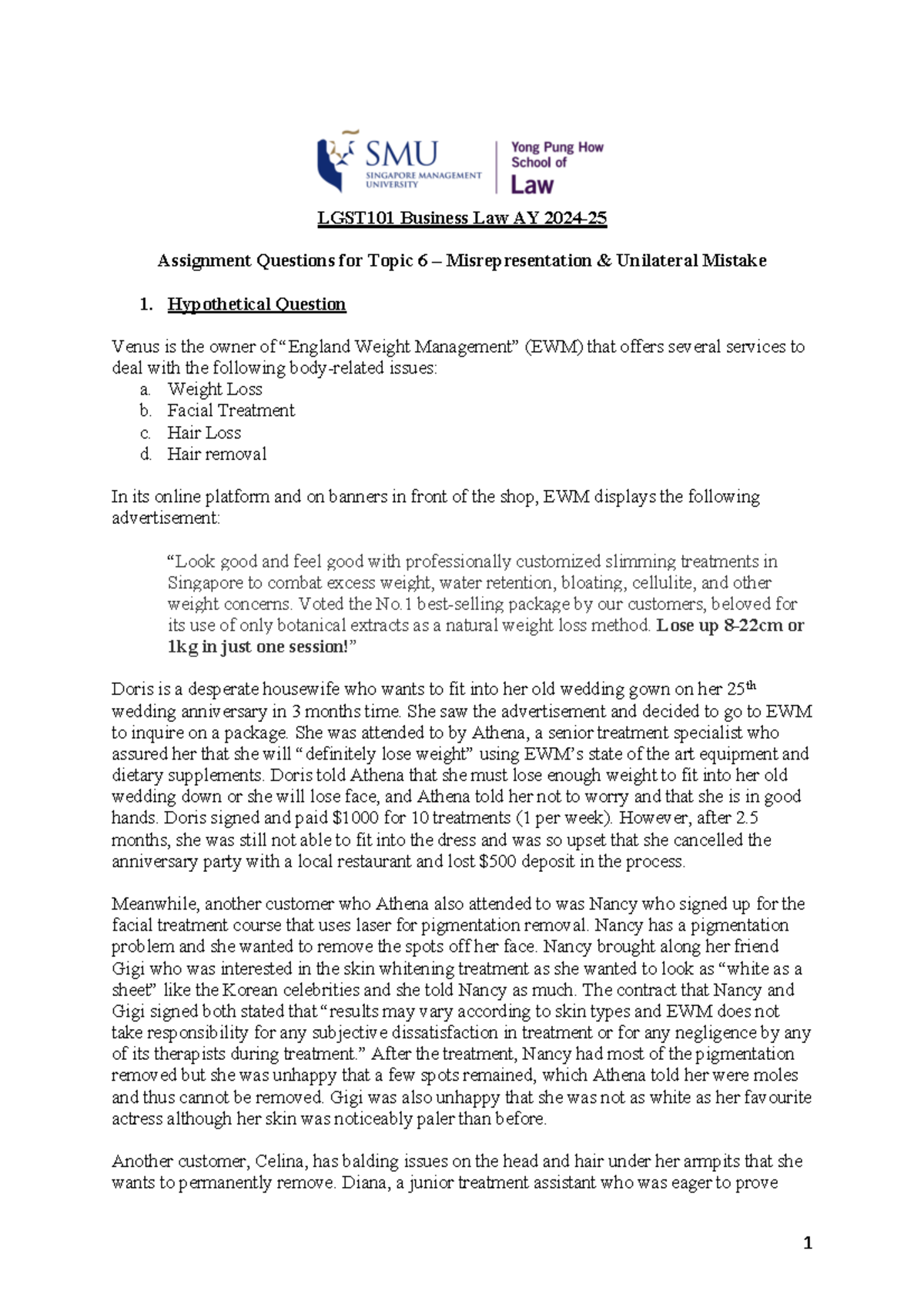 BIZ Q6 2024 - Project assignment Question - 1 LGST101 Business Law AY ...