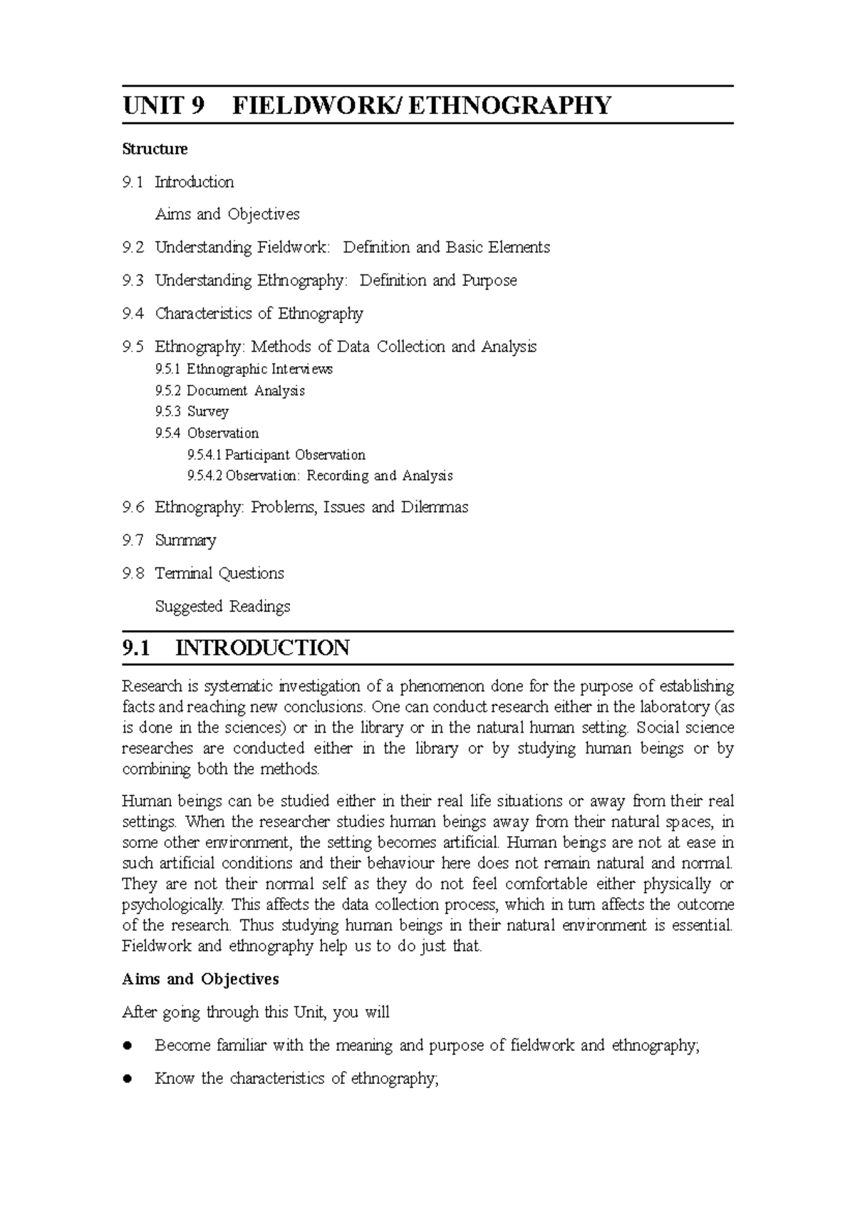 Unit-9 - UNIT 9 FIELDWORK/ ETHNOGRAPHY Structure 9 Introduction Aims ...