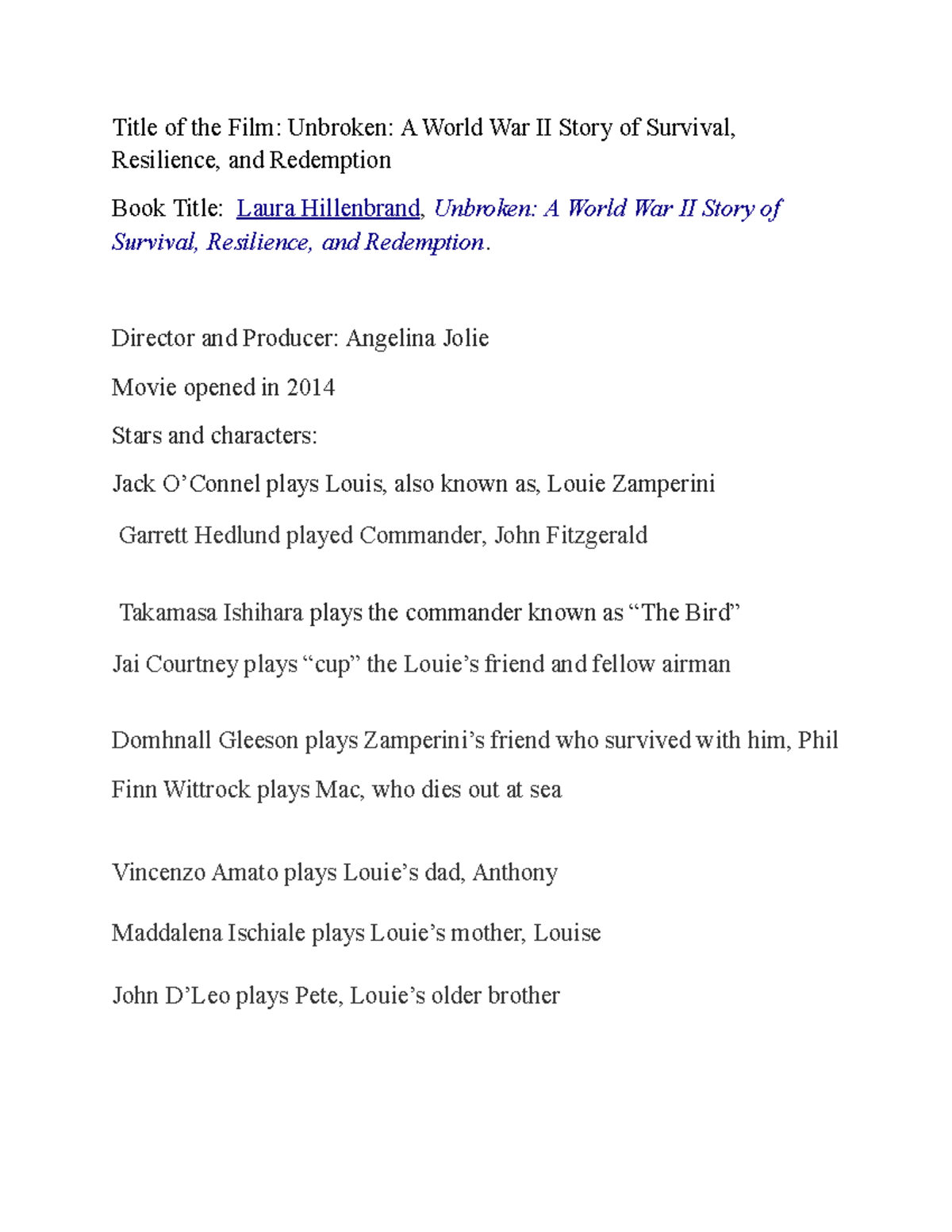 Unbroken - Guided Questions - Title of the Film: Unbroken: A World War ...