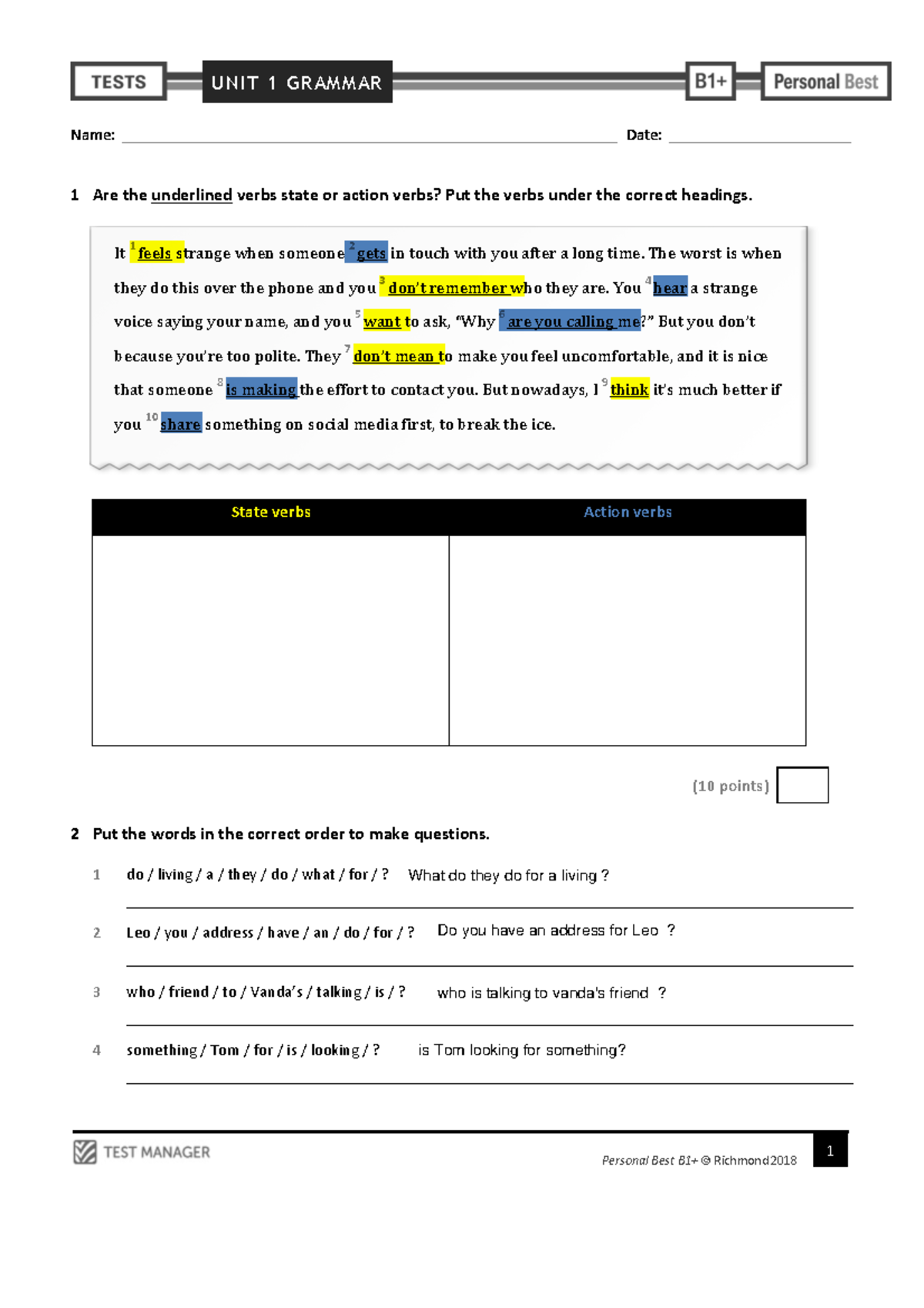 Unit 1 Grammar test - UNIT 1 GRAMMAR 1 Personal Best B1+ © Richmond ...
