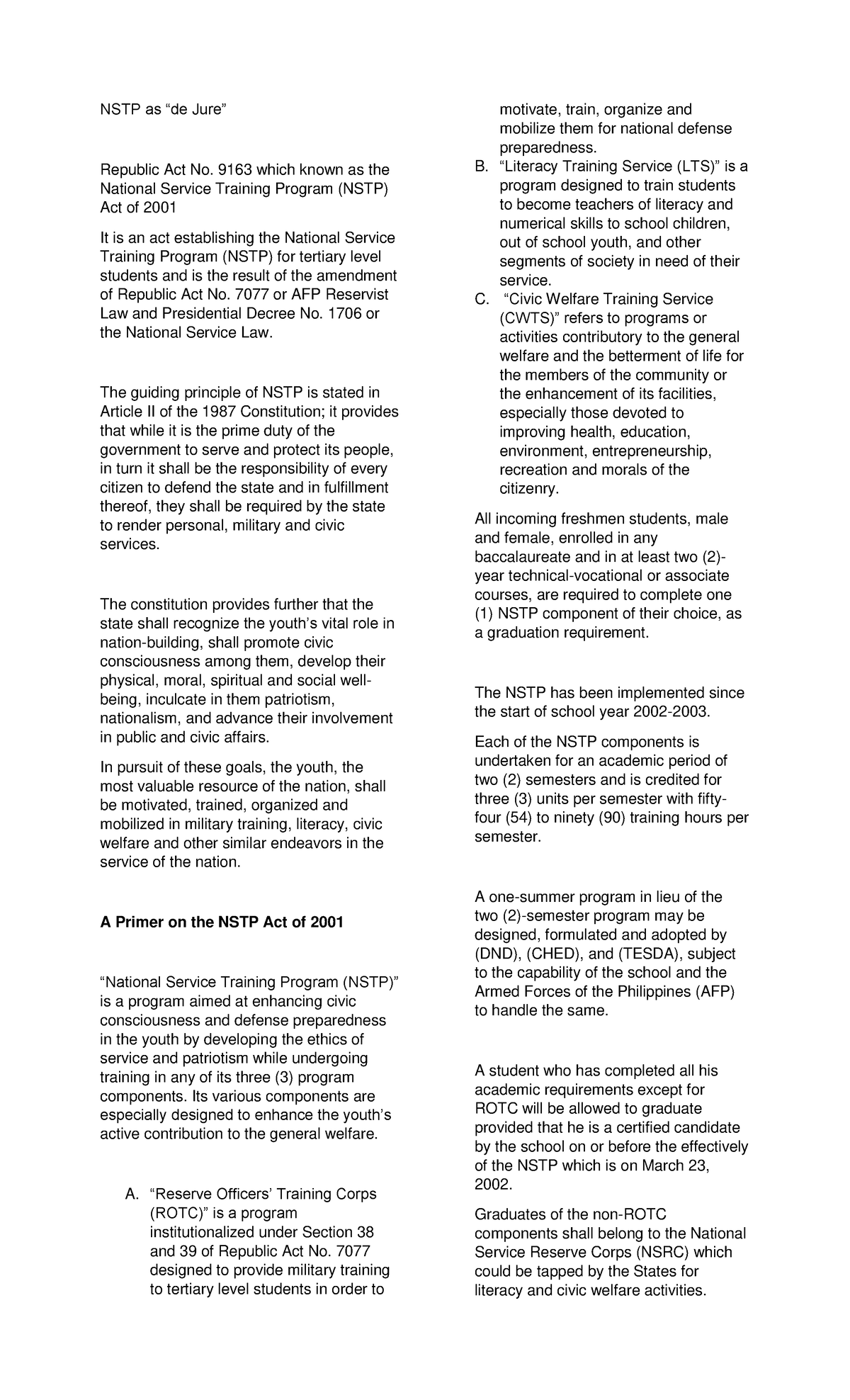 NSTP sir - none - NSTP as “de Jure” Republic Act No. 9163 which known ...