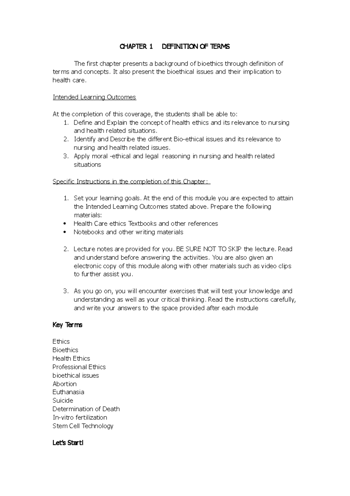 Bioethics Chapter 1 - CHAPTER 1 DEFINITION OF TERMS The first chapter ...