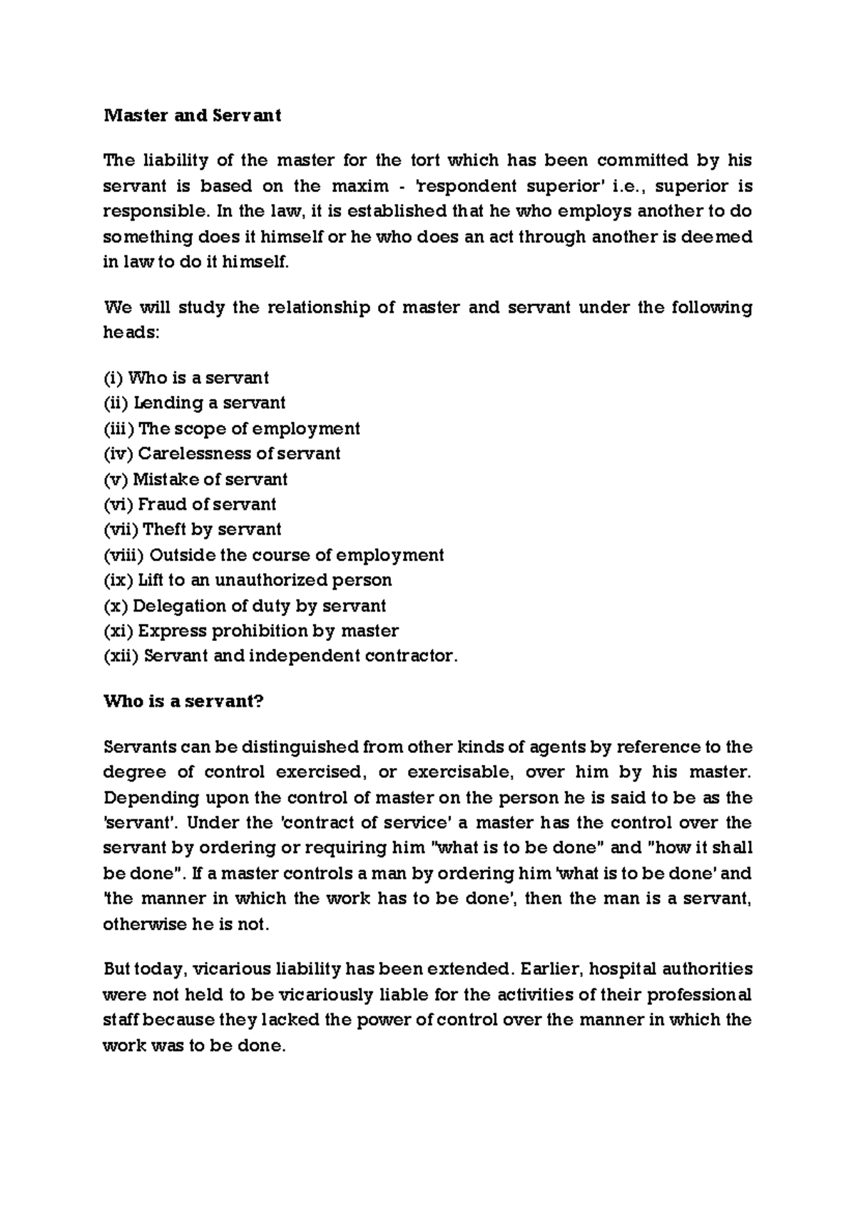 Reading Material -Master and Servant relationship - Master and Servant ...