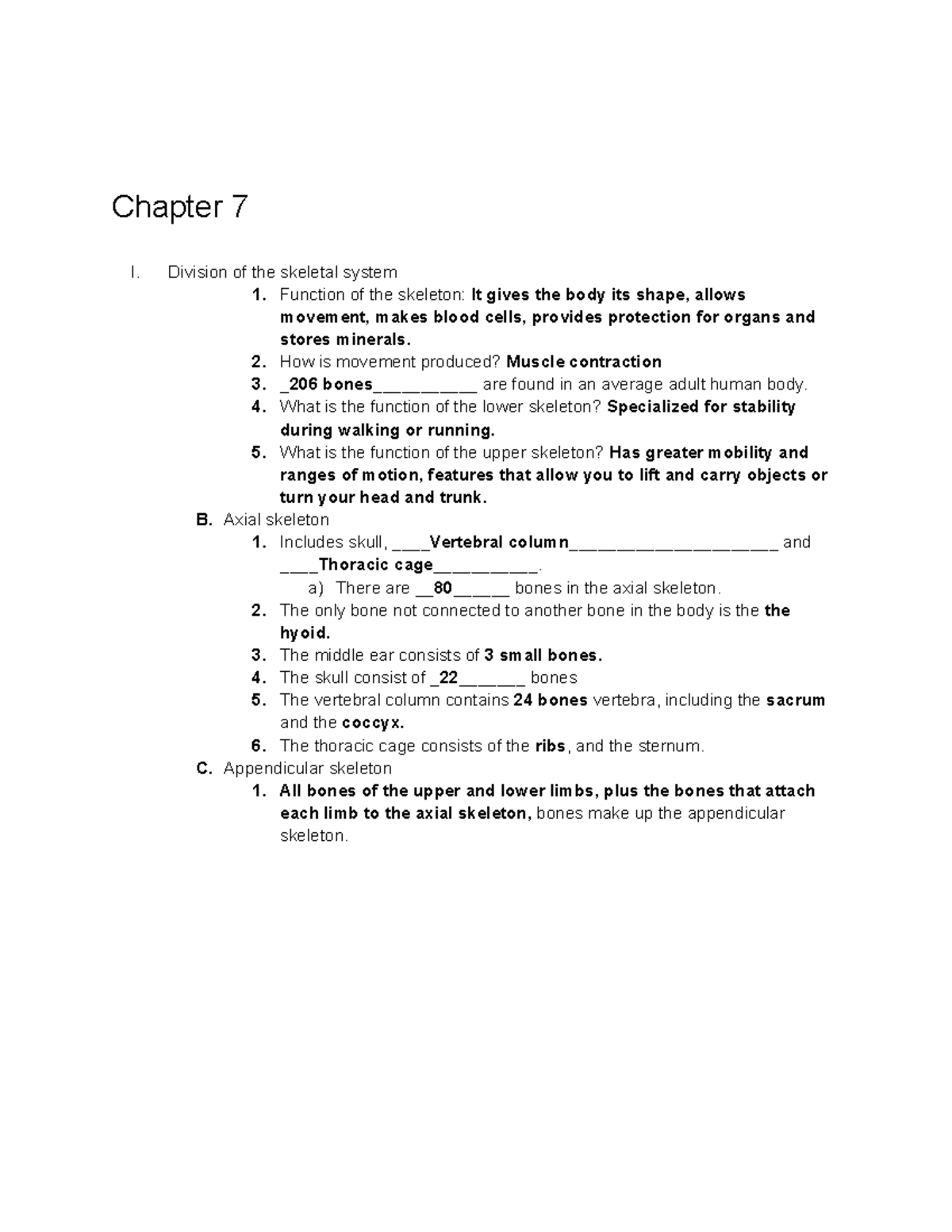 Chapter 7 Assignment - if needed - Chapter 7 I. Division of the skeletal system 1. Function of ...