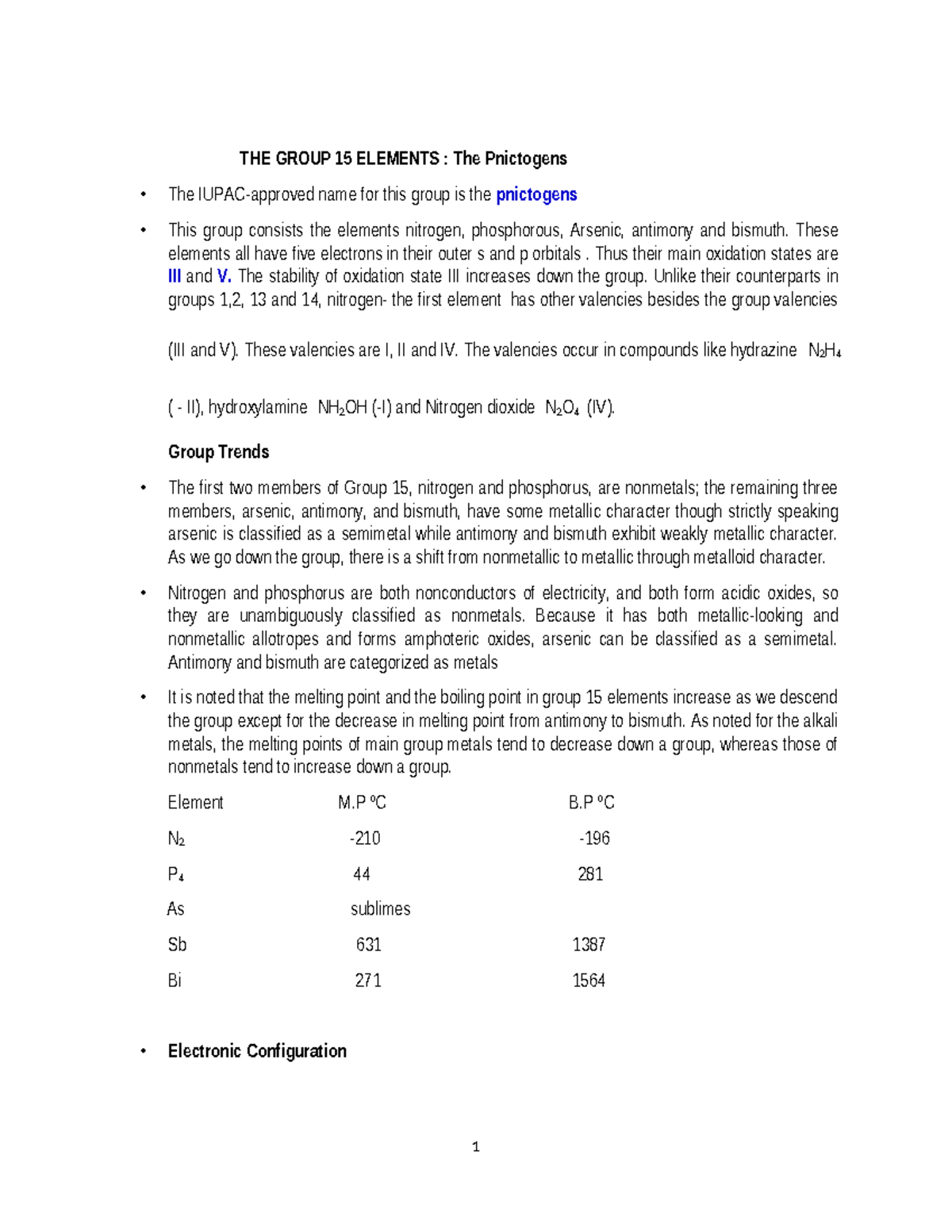 Chem 212 Handout 4 - THE GROUP 15 ELEMENTS : The Pnictogens The IUPAC ...