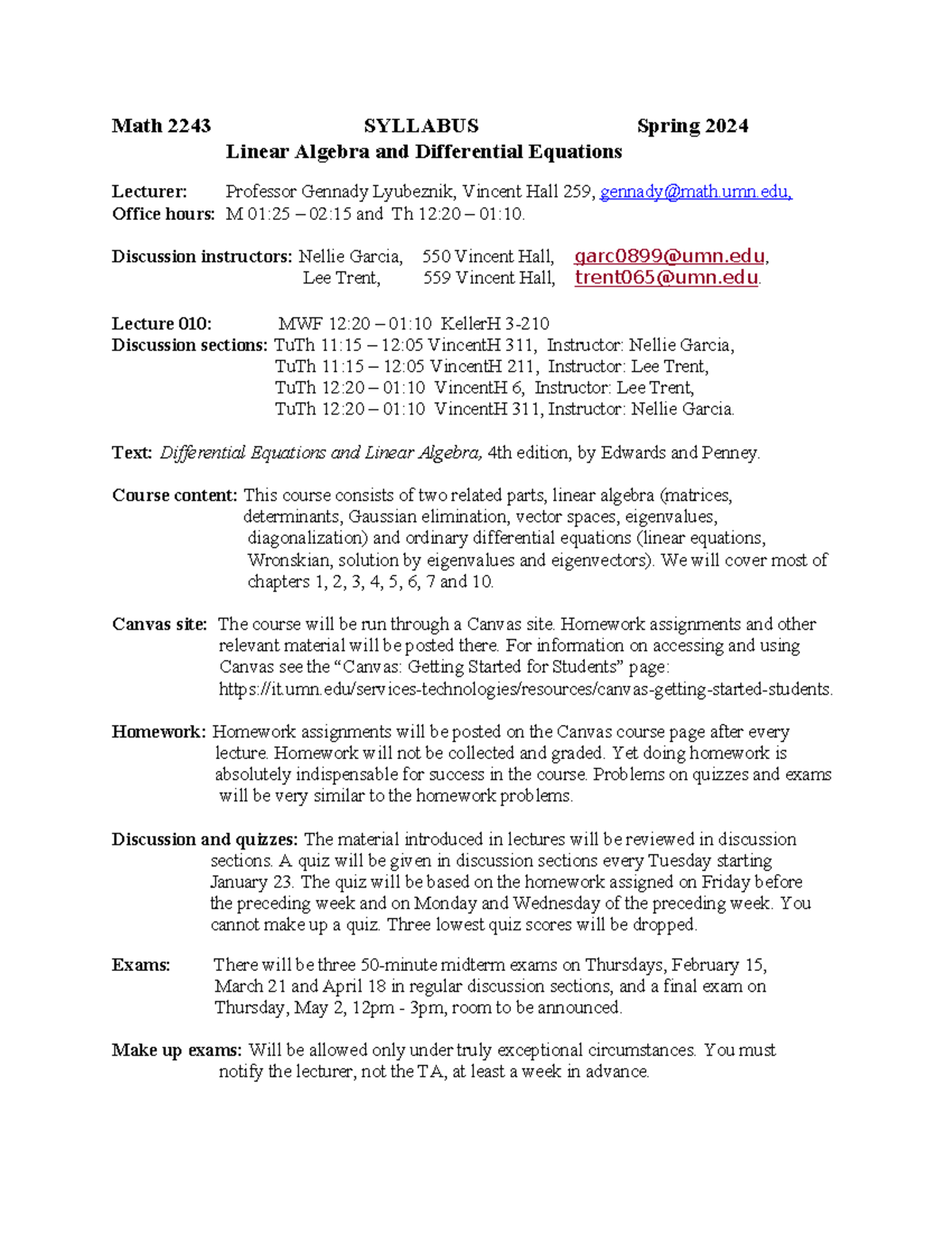 Syllabus MATH2243 Spring 2024 - Math 2243 SYLLABUS Spring 2024 Linear ...