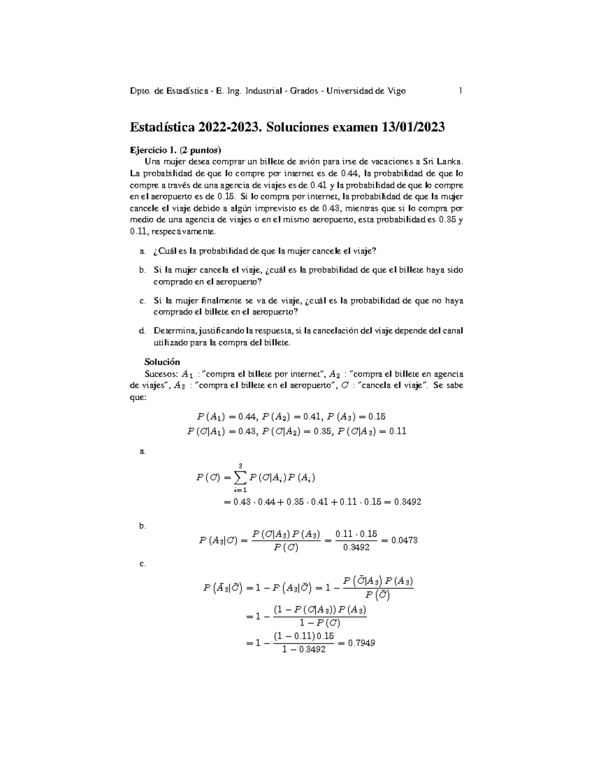 Examen Estadística Enero 2023 - Estadística 2022-2023. Soluciones examen 13/01/ Ejercicio 1. (2 ...