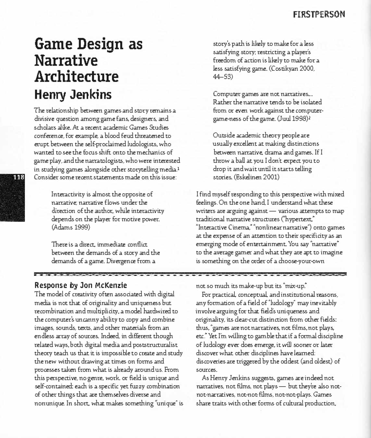 WK 10 - Game Design as Narrative Architecture - Jenkins 2004 - Game ...
