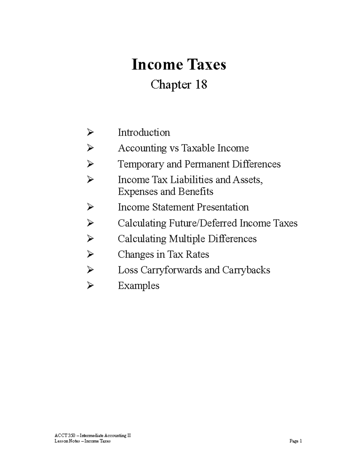 Lesson 4 - Taxes - Class - Income Taxes Chapter 18 Introduction ...