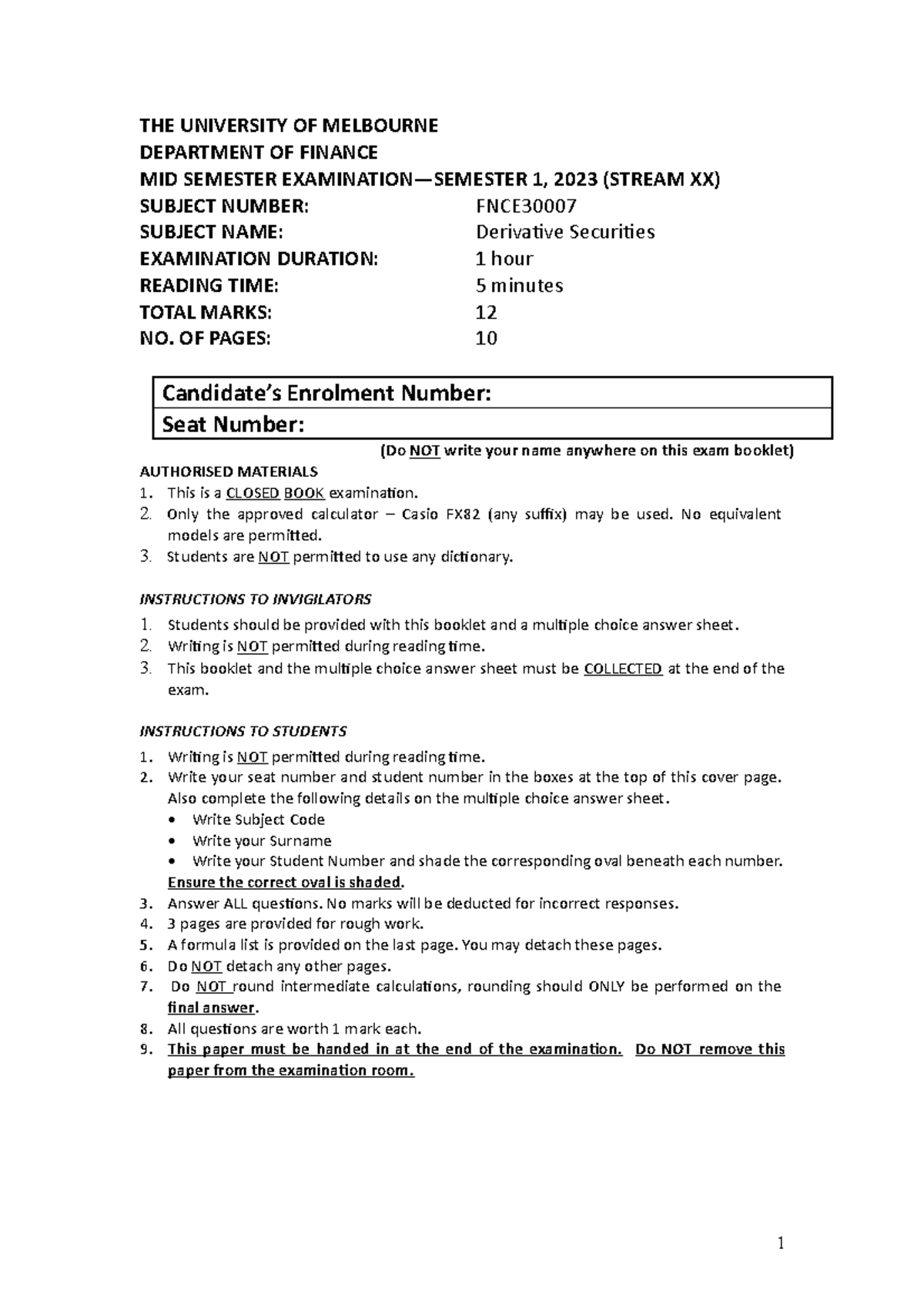 Cover page and formula sheet - THE UNIVERSITY OF MELBOURNE DEPARTMENT ...