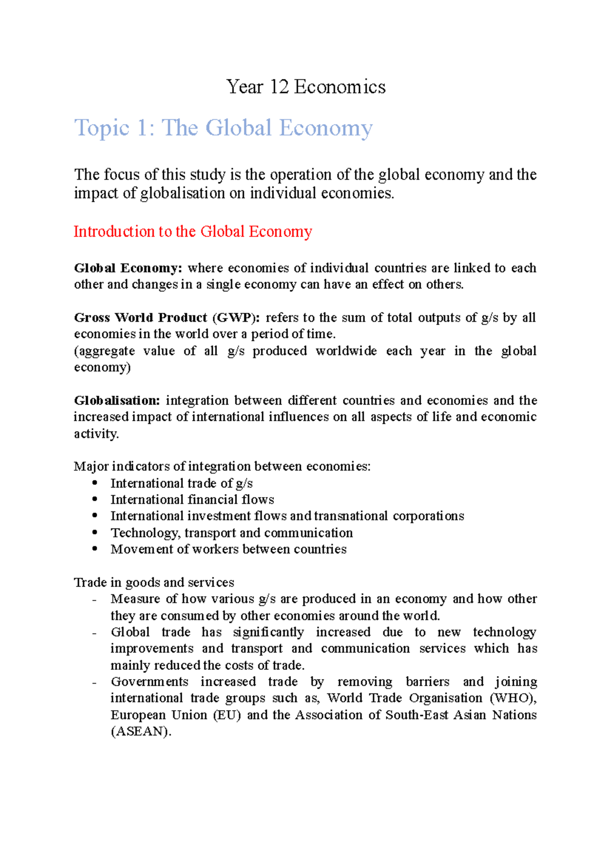 Year 12 Economic - yes - Year 12 Economics Topic 1: The Global Economy ...