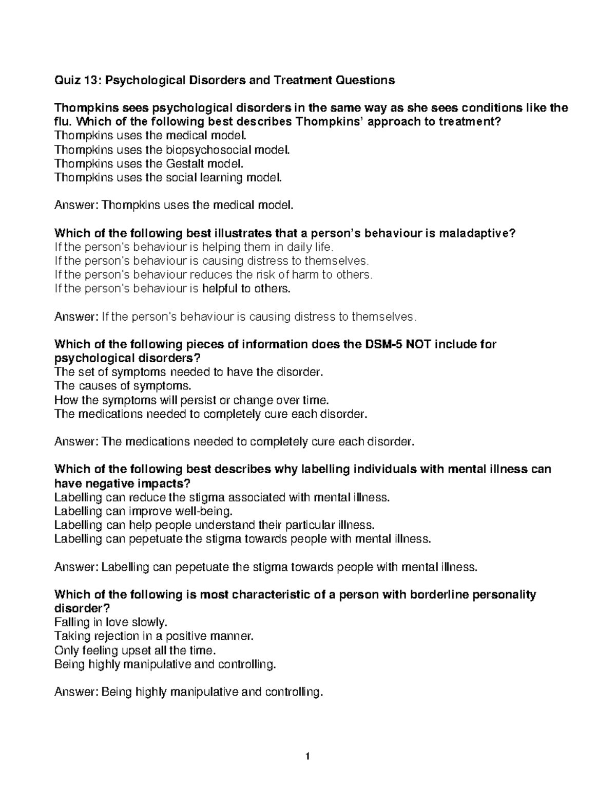 Quiz 13 Psychological Disorders and Treatment copy - Which of the ...