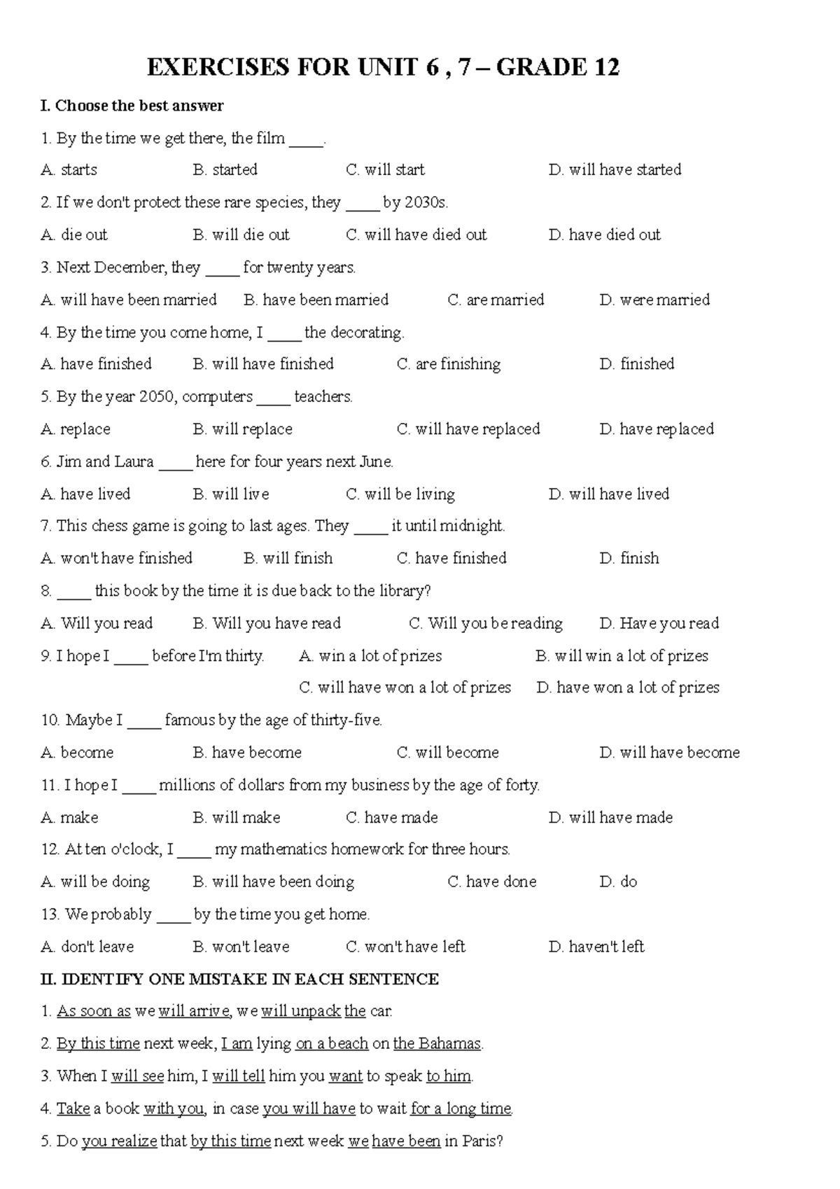 Exercises FOR UNIT 6 7 Grade 12 - EXERCISES FOR UNIT 6 , 7 – GRADE 12 I ...