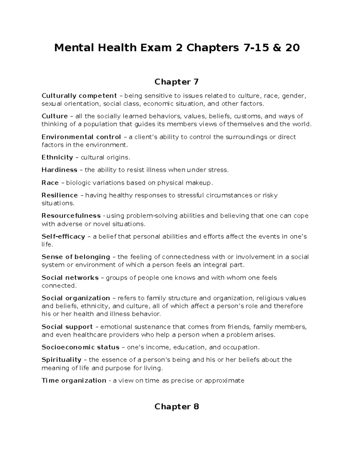 Notes for Exam 2 - Mental Health Exam 2 Chapters 7-15 & 20 Chapter 7 ...
