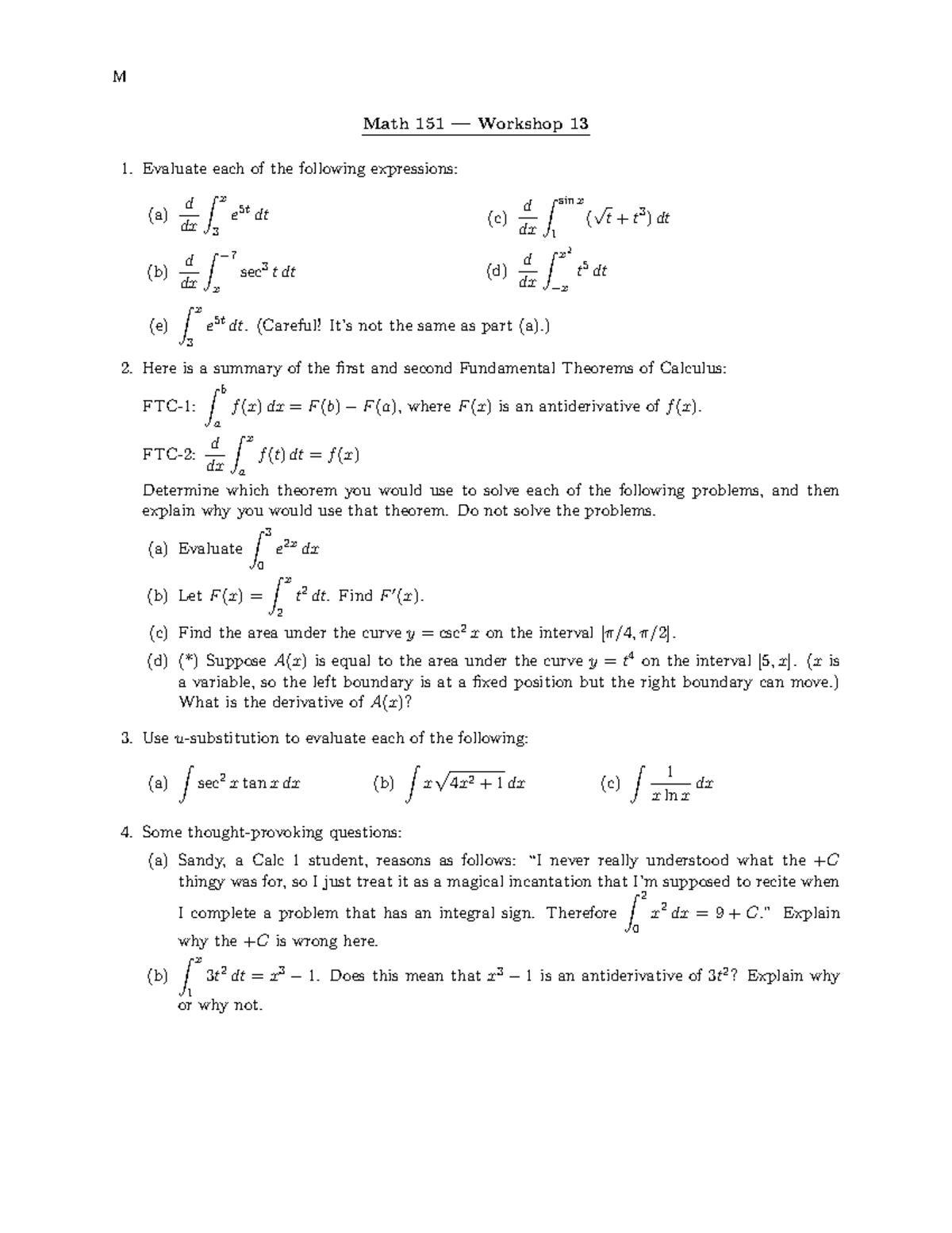 Math 151 Workshop 13 (M) - M Math 151 — Workshop 13 Evaluate each of ...