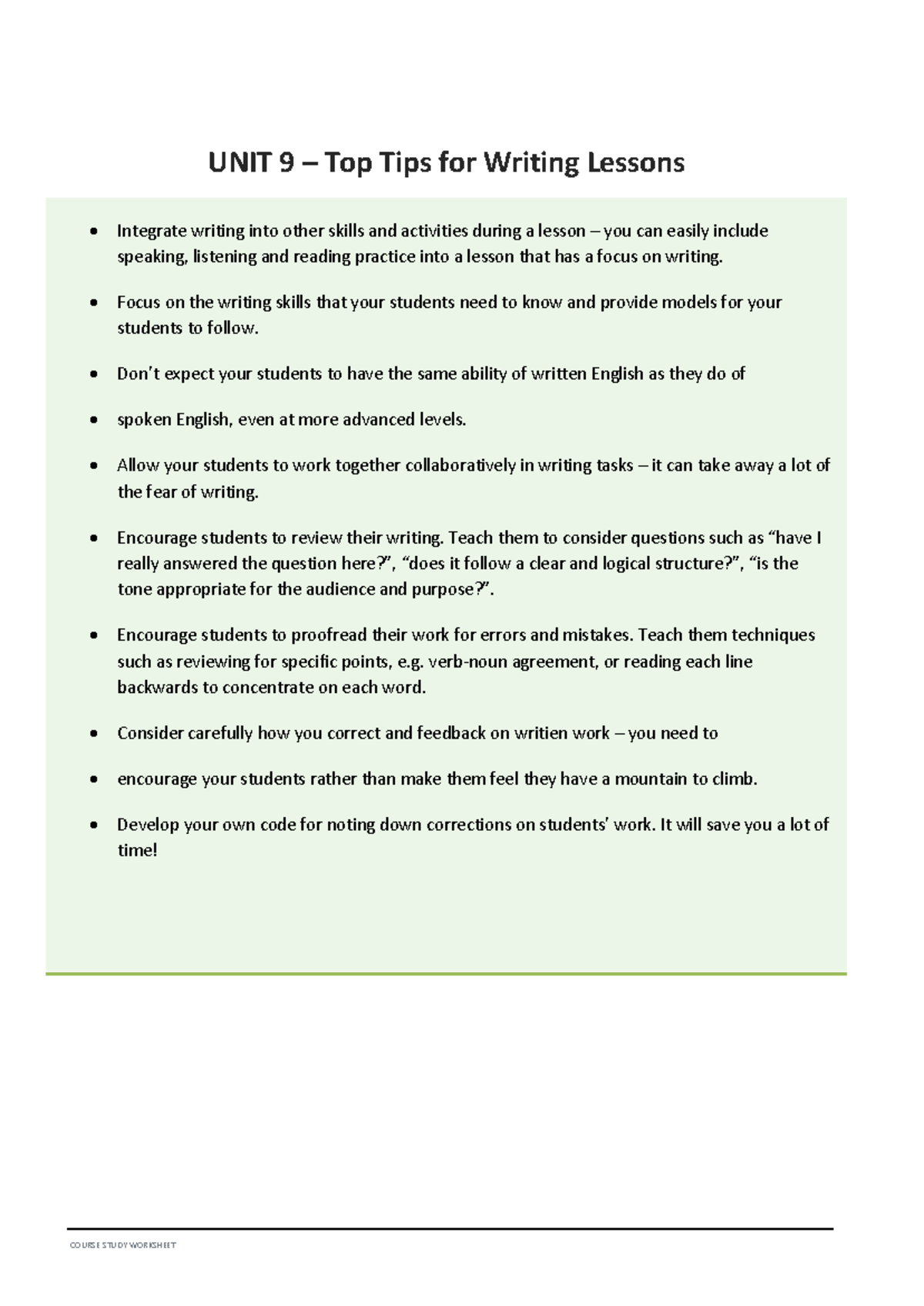Tips for writing lessons - COURSE STUDY WORKSHEET UNIT 9 – Top Tips for ...