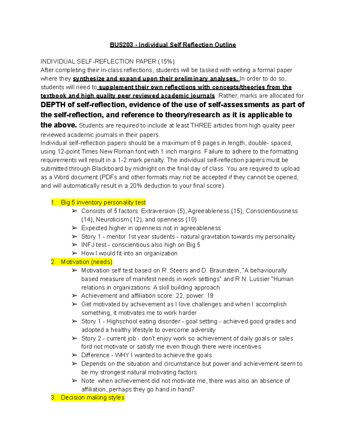 BUS203 - Individual Self Reflection Outline - BUS203 - Individual Self ...