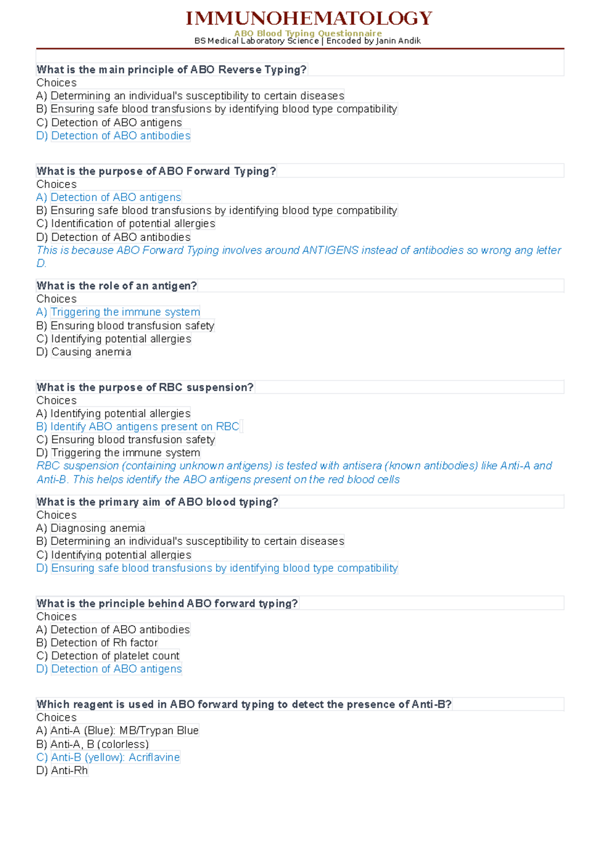 Blood Typing Questions - IMMUNOHEMATOLOGY What is the main principle of ...