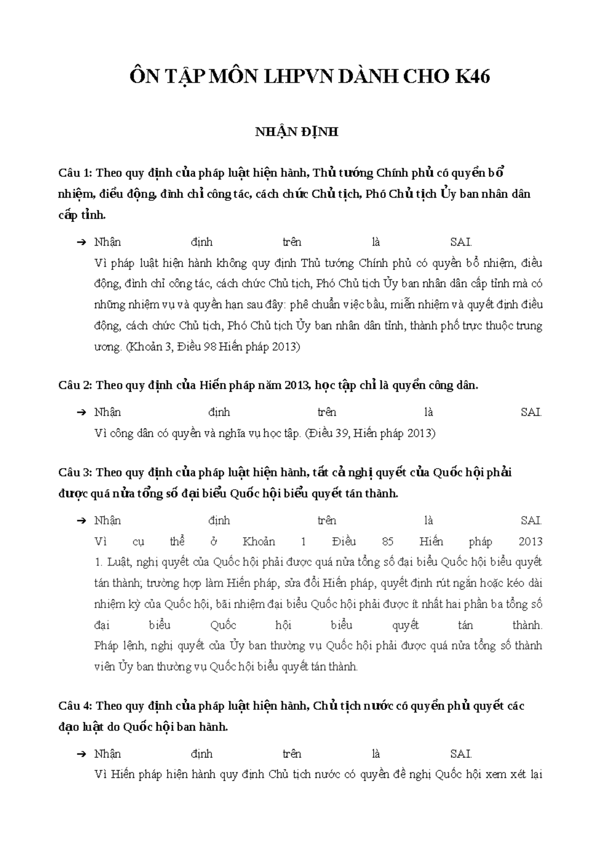 ÔN TẬP MÔN HIẾN PHÁP - ÔN TẬP MÔN LHPVN DÀNH CHO K NH N Đ NH Ậ Ị Câu 1: Theo quy đ nh c a pháp ...