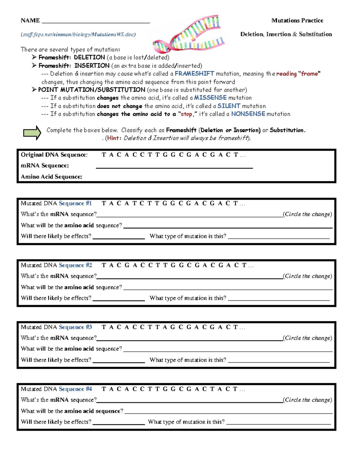 Mutations Practice BEST - NAME ...