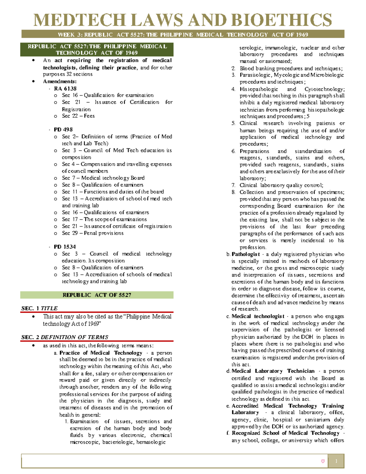 MTLB WEEK 3 - TRANSES - MEDTECH LAWS AND BIOETHICS REPUBLIC ACT 5527 ...