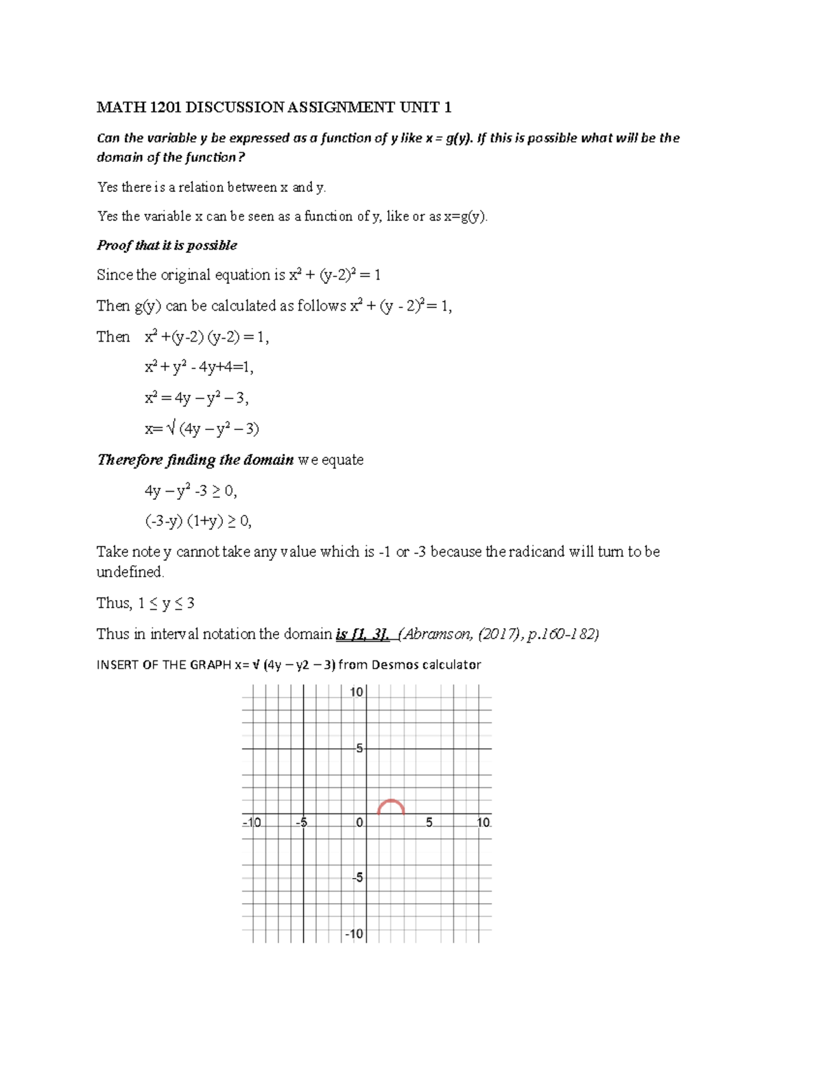 MATH 1201 Discussion Assignment UNIT 1 - MATH 1201 DISCUSSION ASSIGNMENT UNIT 1 Can the variable ...