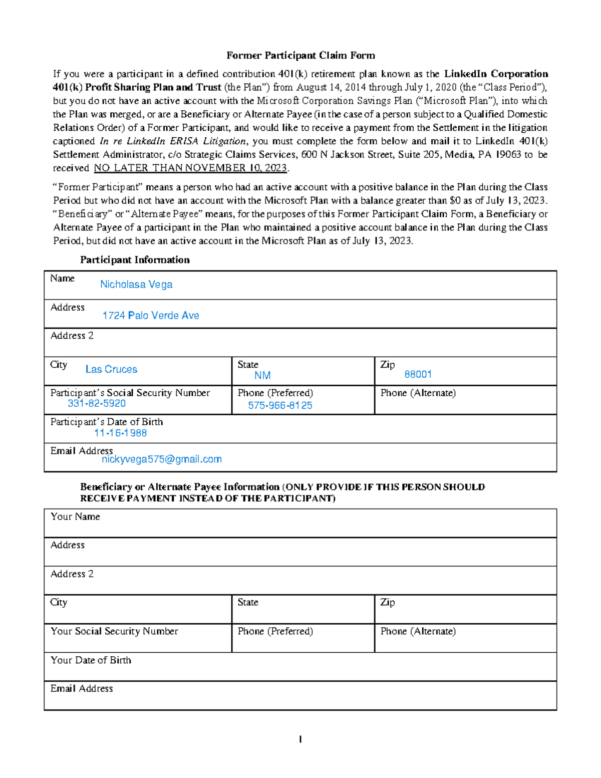 Linked In Claim Form - 1 Former Participant Claim Form If you were a ...