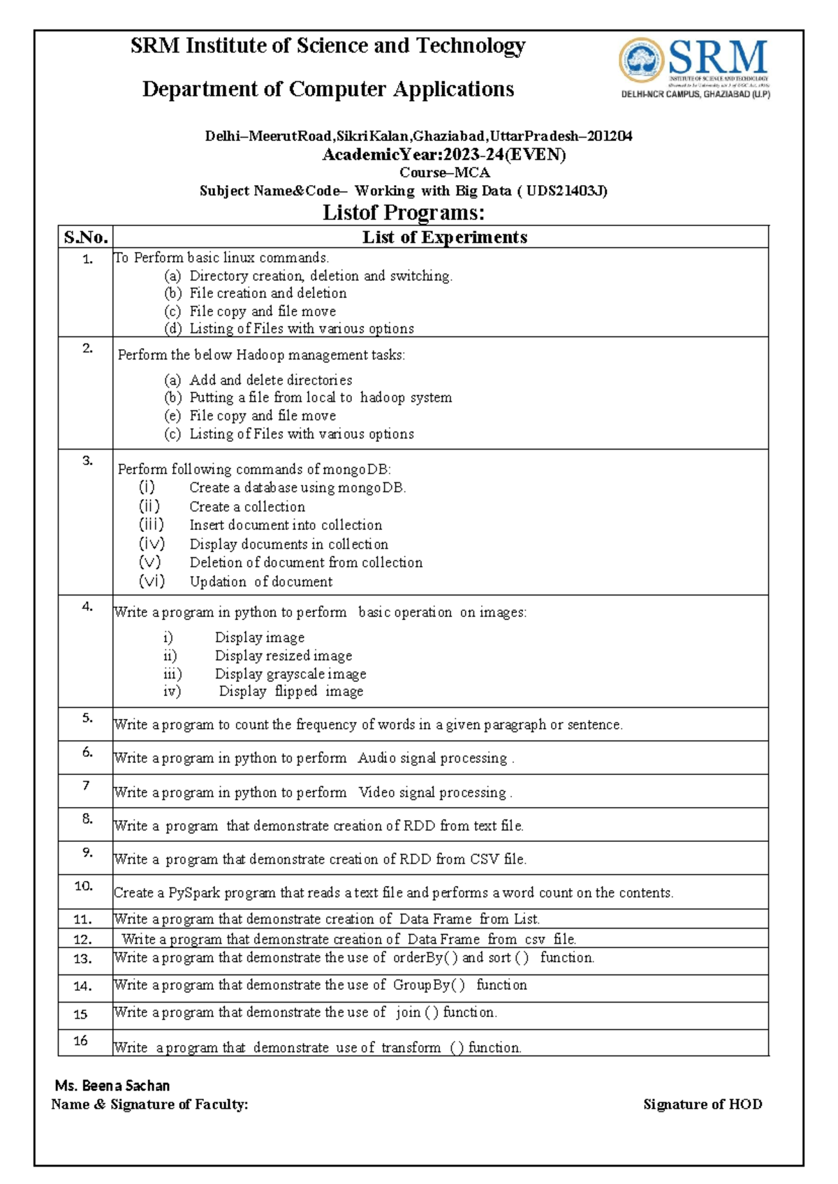 List of Programs Format working with Big data - SRM Institute of ...