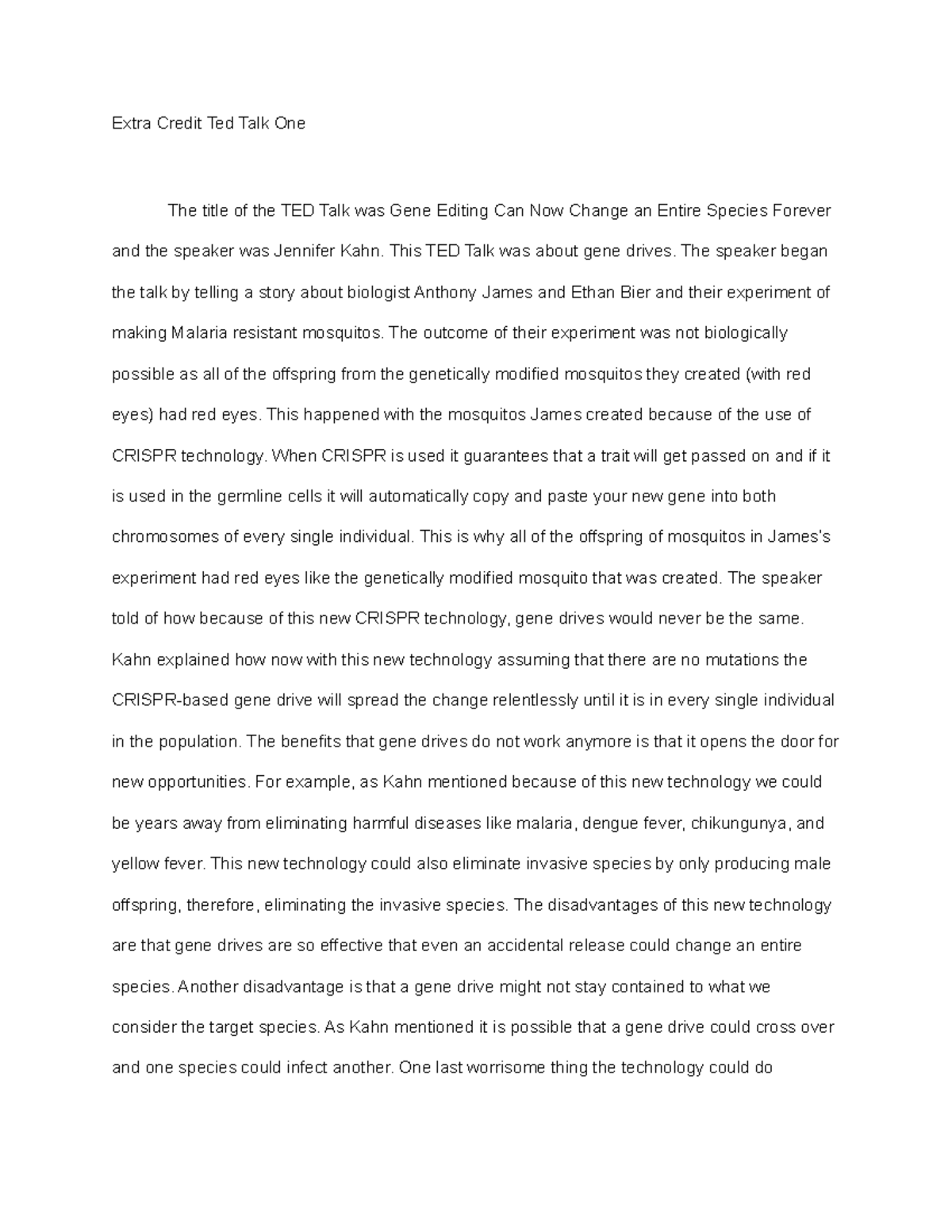 TED Talk 1 Extra Credit - Writing - Extra Credit Ted Talk One The title ...