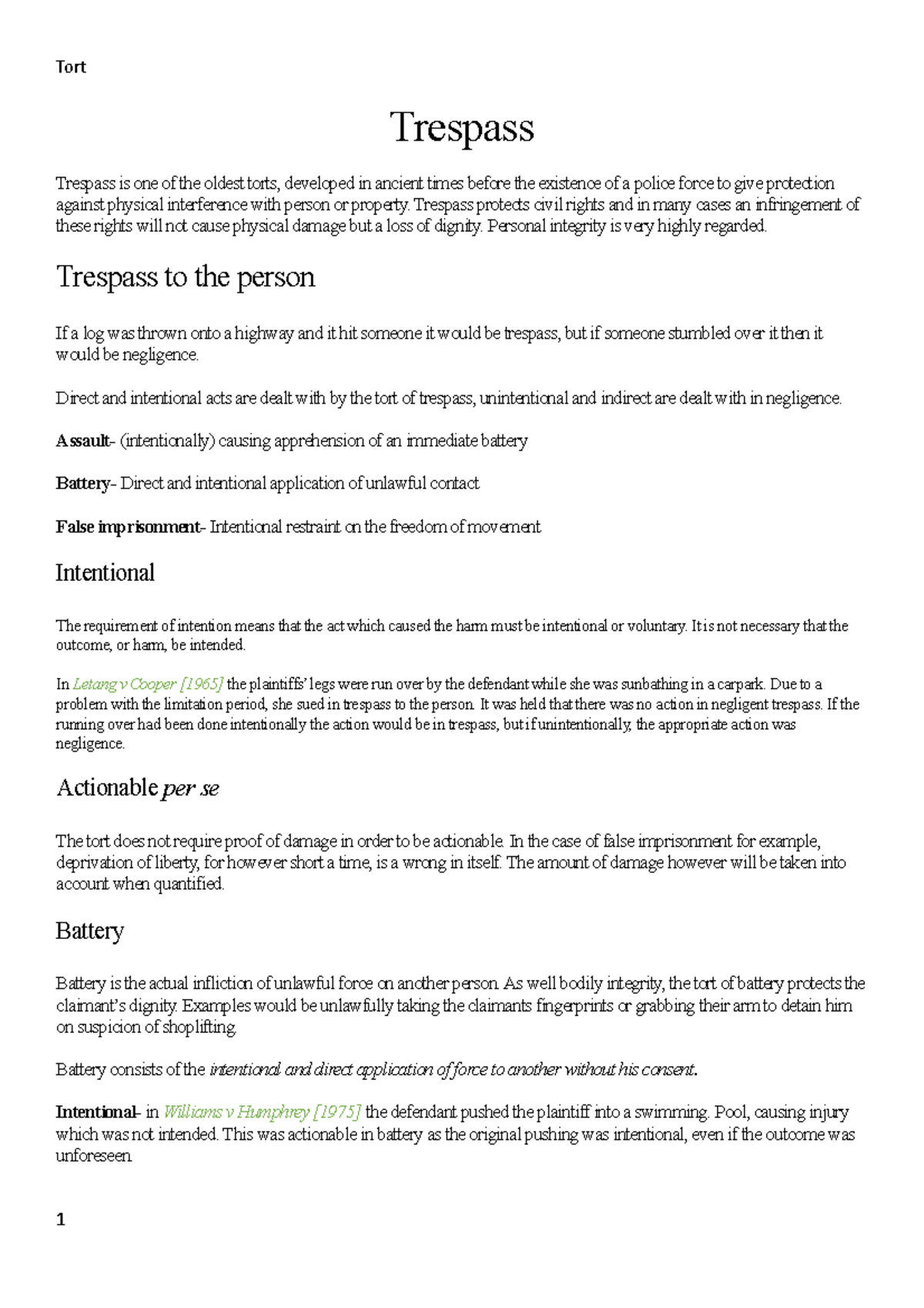 Trespass notes. - Trespass Trespass is one of the oldest torts ...
